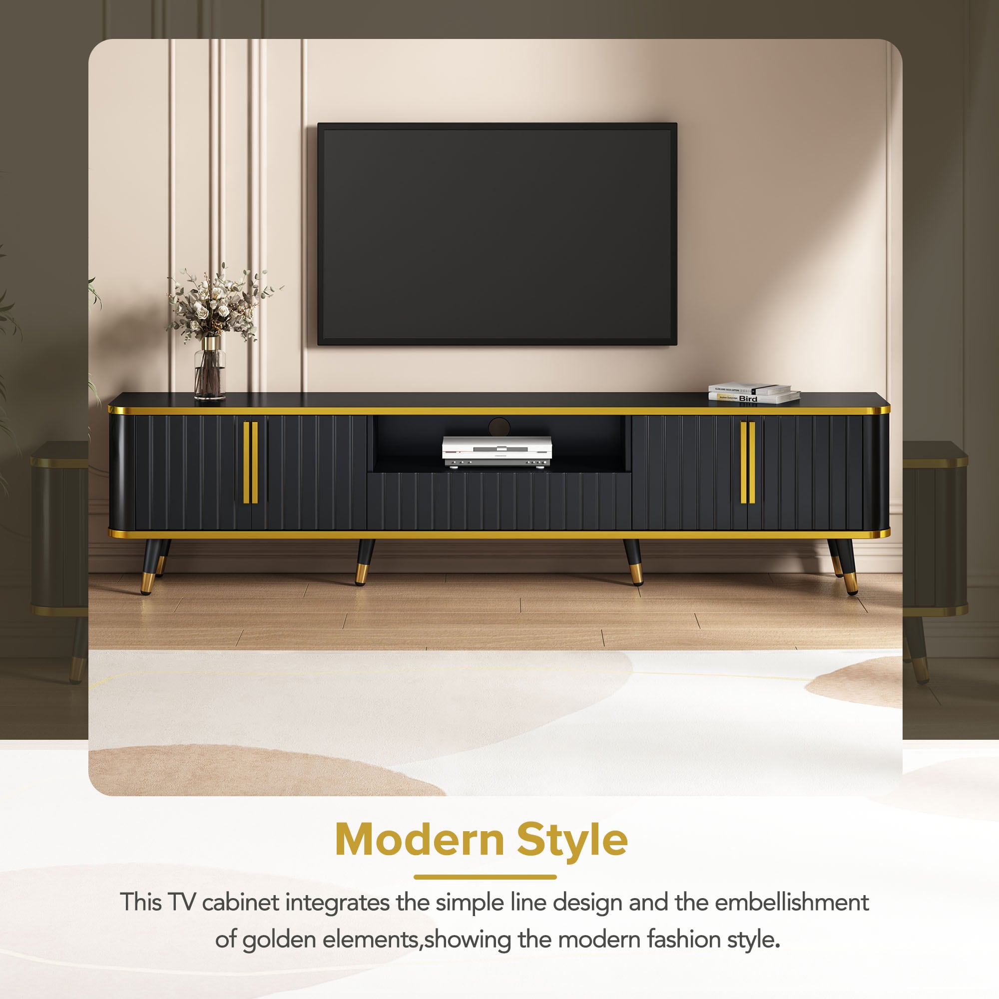 Huluwat 85 Inch Luxury Minimalism TV Stand with Golden Accents and ...