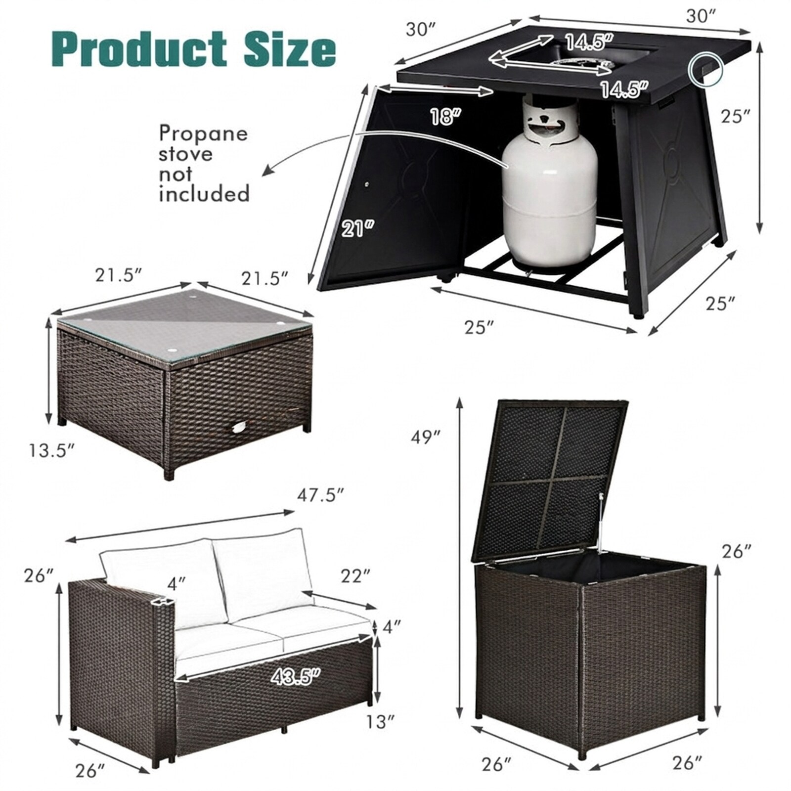 SUGIFT 5-pc Patio Furniture Set with 50000 BTU Propane Fire Pit Table ...