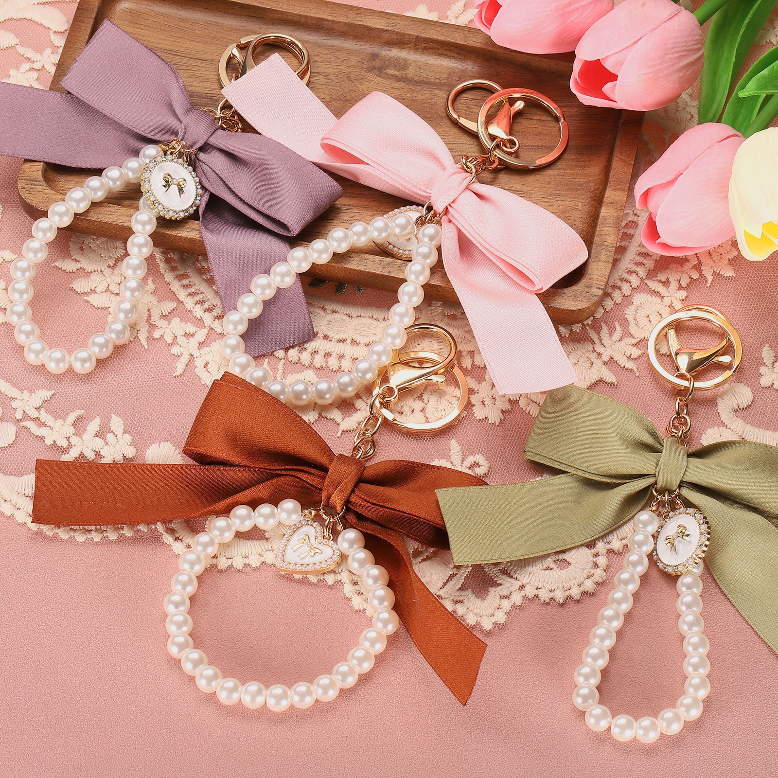 Unique Bargains Ribbon Bow Keychain Cute Pearl Wristlet Keychain Bag ...