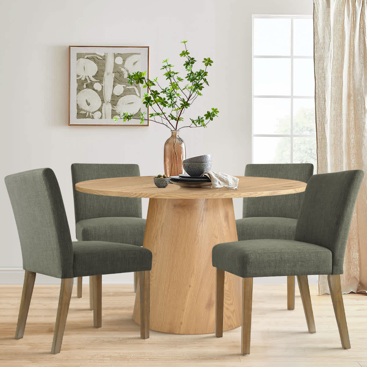 Maison Boucle 5 Piece Dining Table Set 46 Inch Oak Pedestal Table with ...