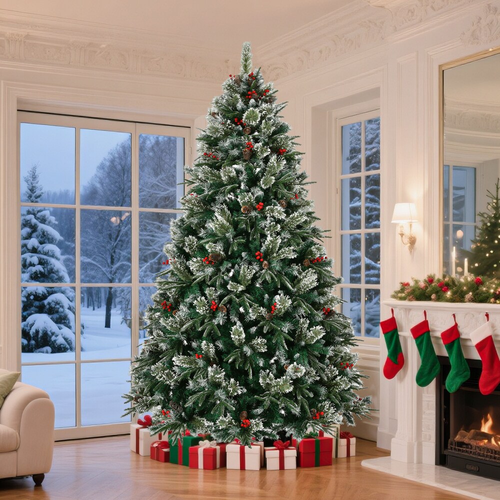 Wooakway 8ft Pre-Decorated Frosted Christmas Tree with Pinecones ...