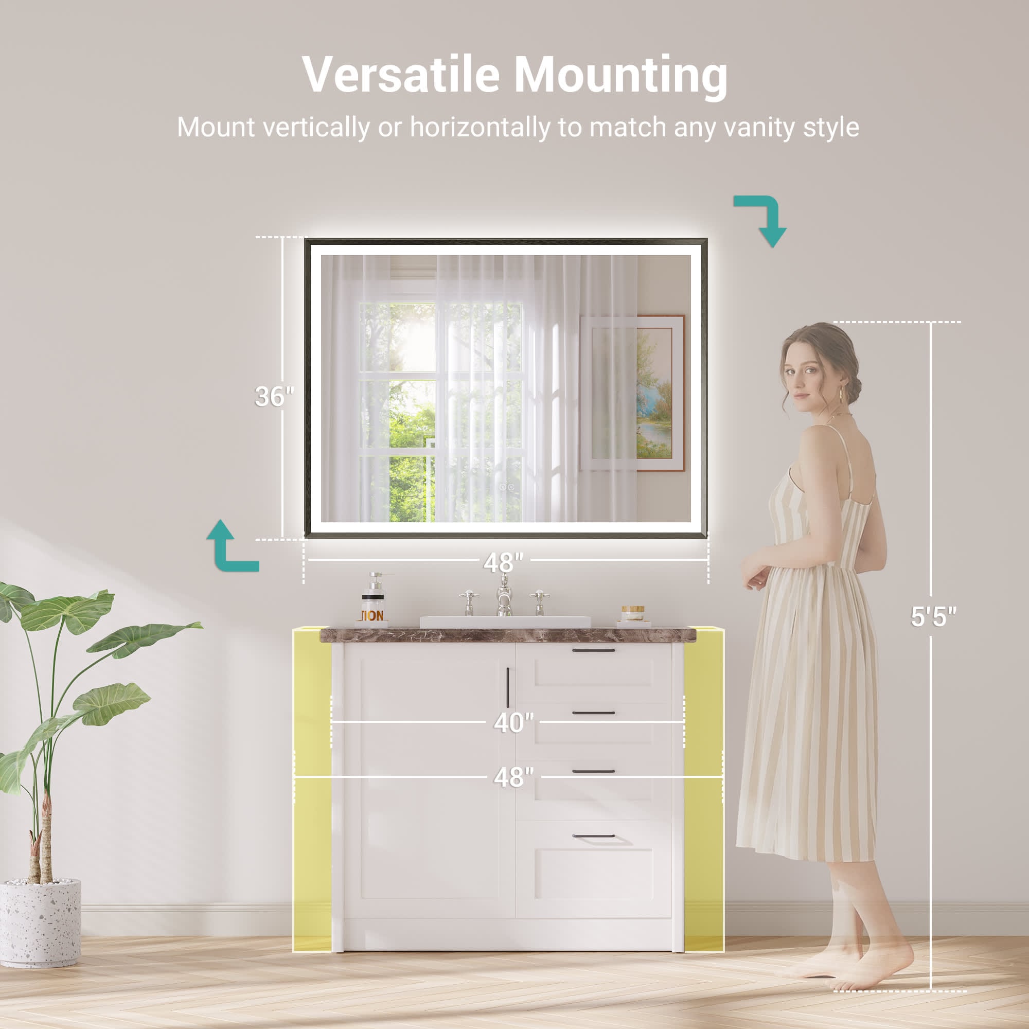 Aok Garden 36 in x 48 in Modern Aluminum Framed LED Bathroom Mirror ...