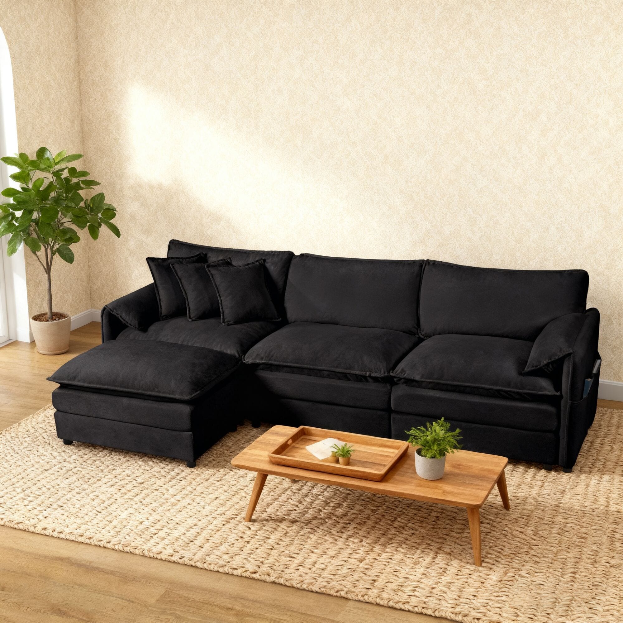 Homy Casa SSOY 3 Seater Sofa with Ottoman Chenille Carbon Black Modern ...