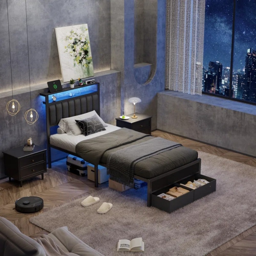 Furologee Twin Size Bed Frame with 2 Storage Drawers Modern Platform ...