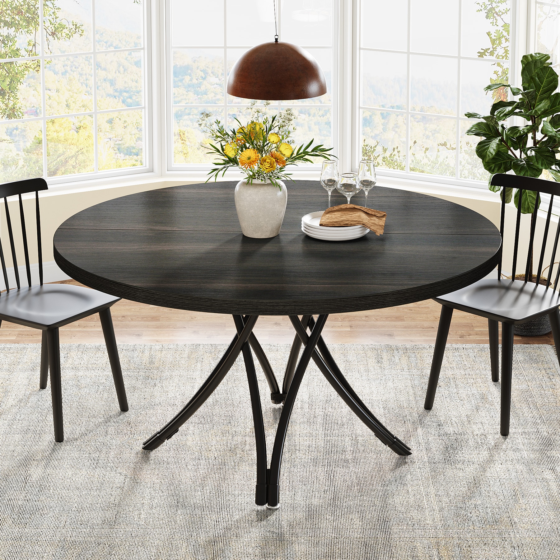 Tribesigns Black Modern Round Dining Table with Metal Cross Legs 47.2 L ...