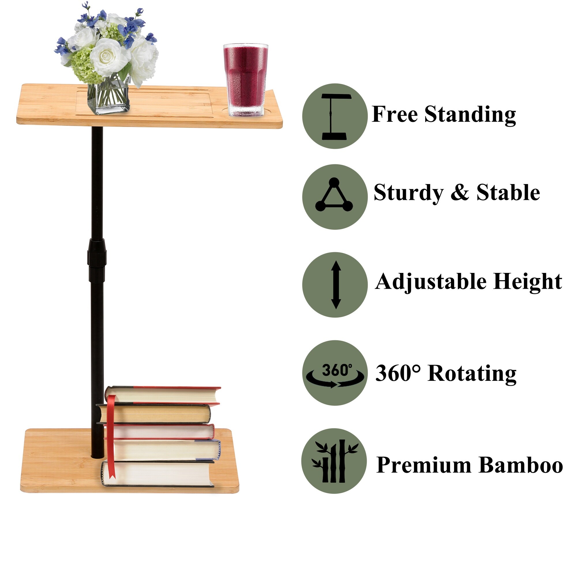 HyperDrop Cart Bamboo C-Shaped Couch Tray Table/ Height Adjustable with ...