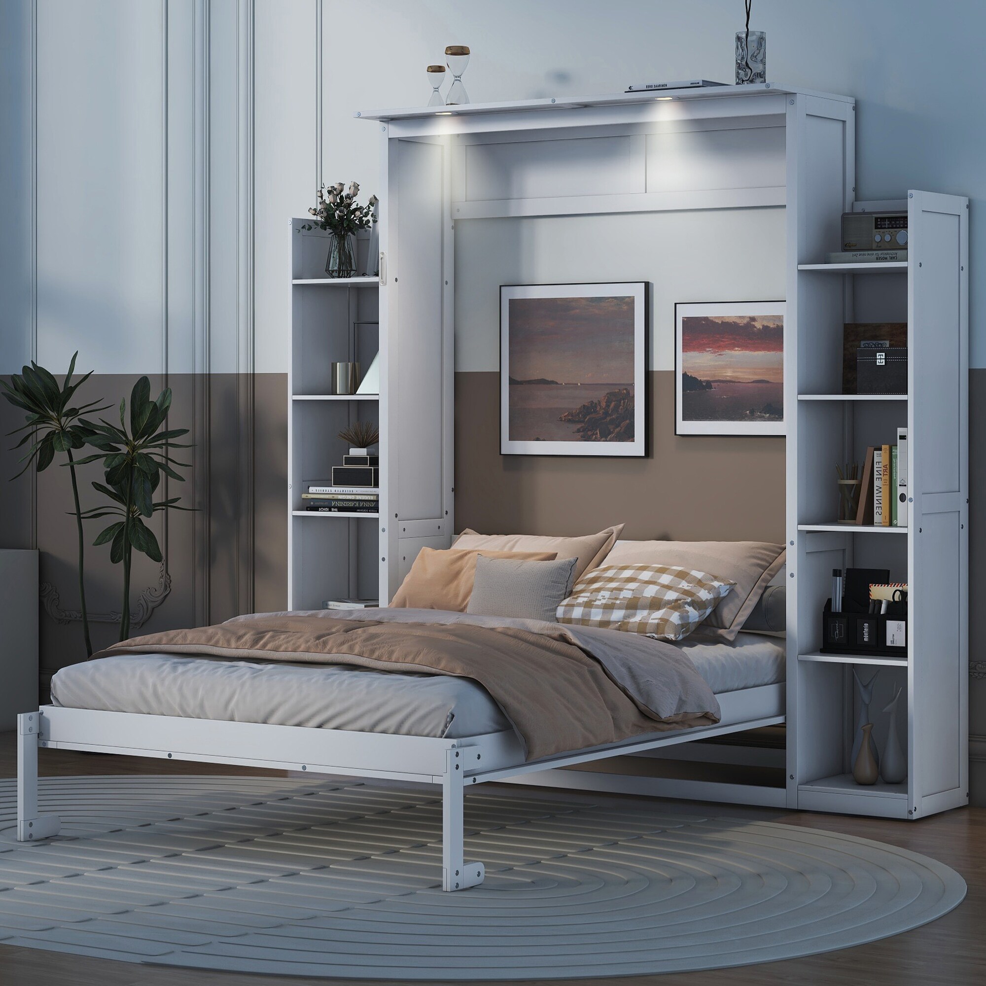 Tinyhomie Full Murphy Bed Wall Bed with Shelves LED White in the Beds ...