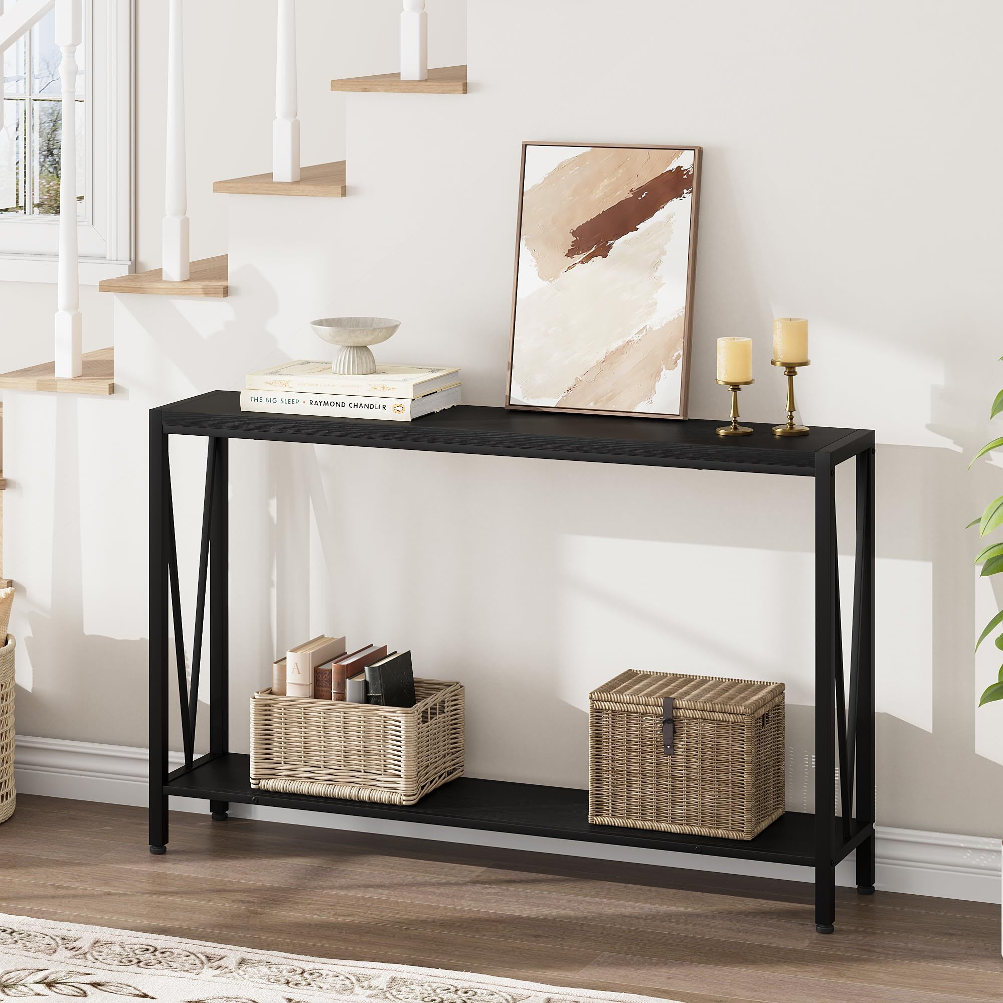 Qeetex 2-Tier Console Table with Storage Shelf X-Design Bookshelf ...