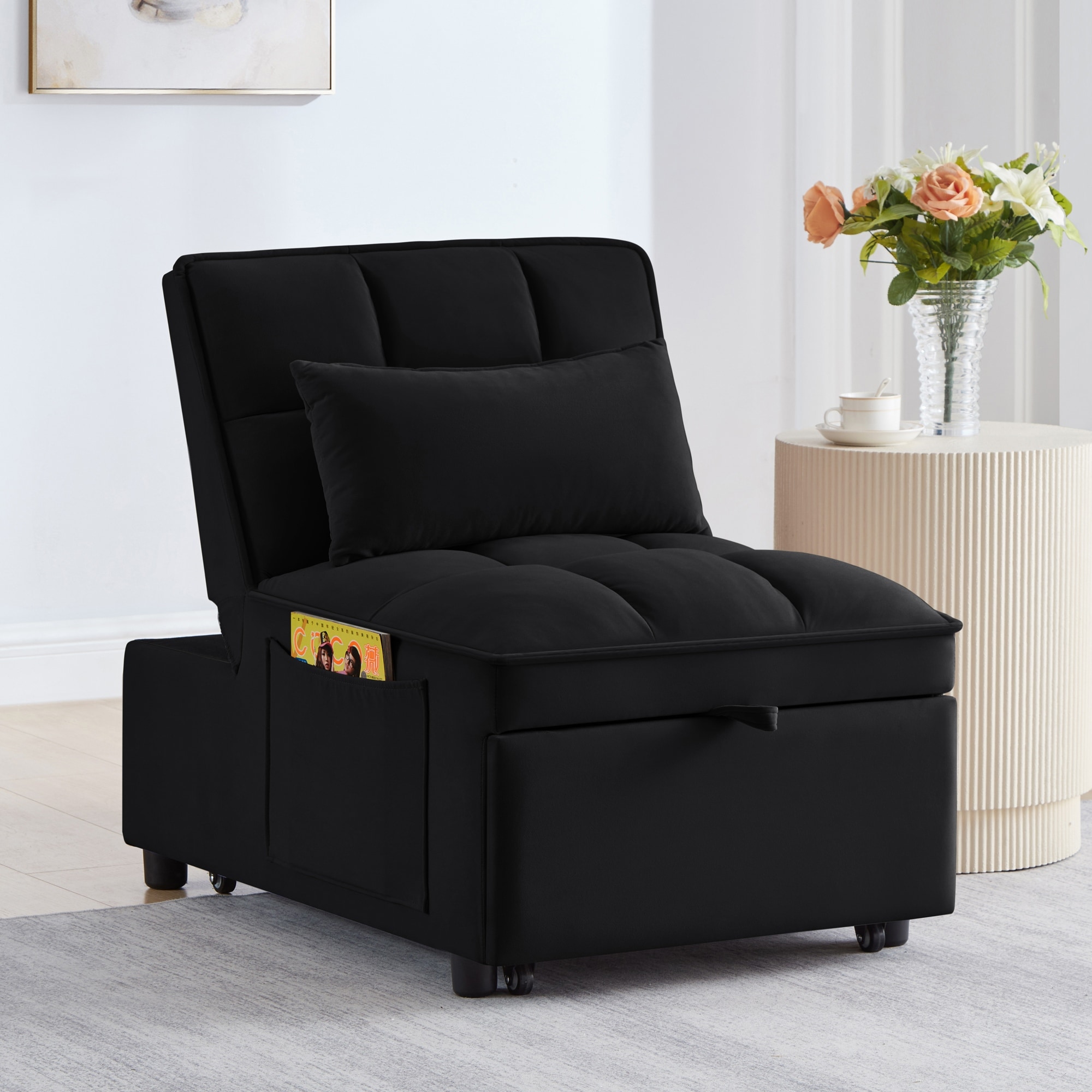 Dexmalle Black Multi-Function Single Sofa Bed with Adjustable Backrest and Pillows in the ...