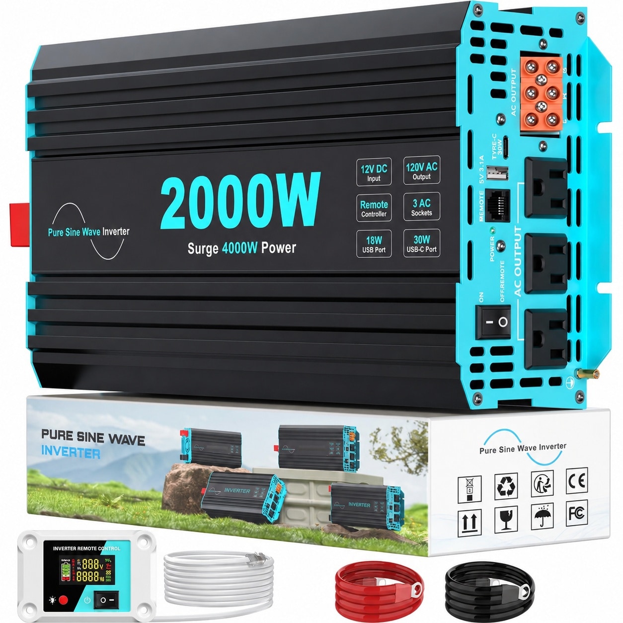 Misopily Pure Sine Wave Inverter 2000 Watt 12V DC to 120V AC with 3 AC ...