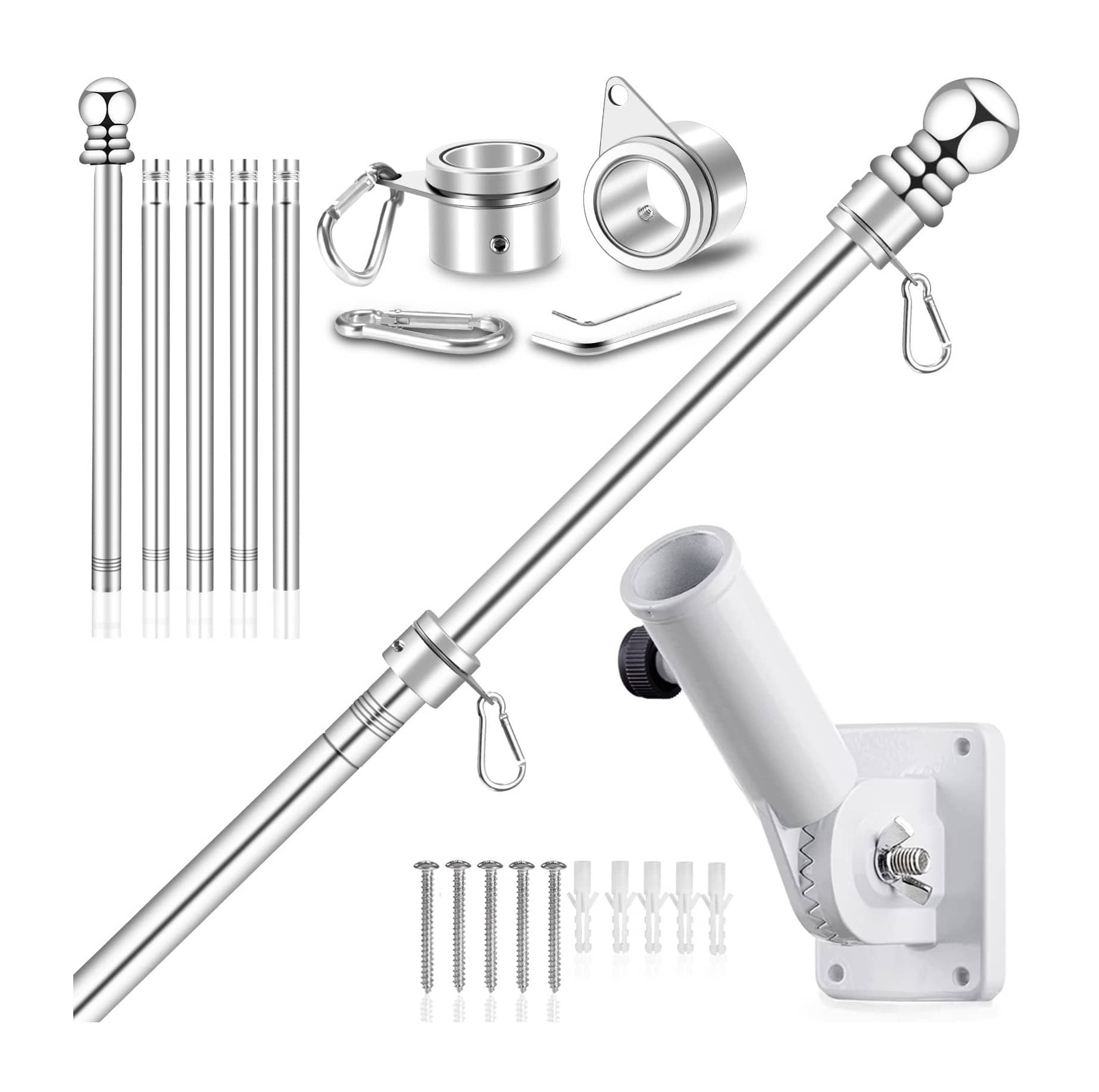 Aoibox 6 Foot Stainless Steel Flag Pole Kit 5 Section Adjustable House ...