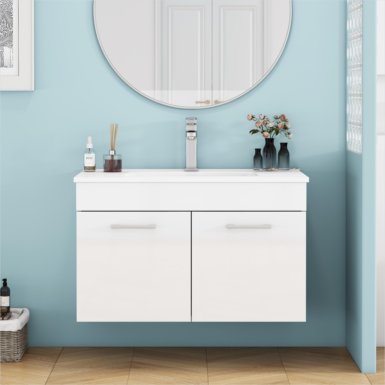 Sunjet 32 Inch Wall Mount Bathroom Vanity With Sink Combo Modern White