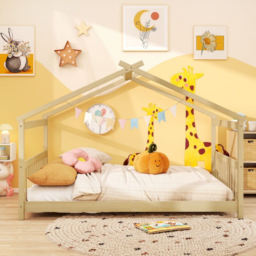 Fenbeli Full Size Wooden House Bed Frame with Montessori Low Profile ...