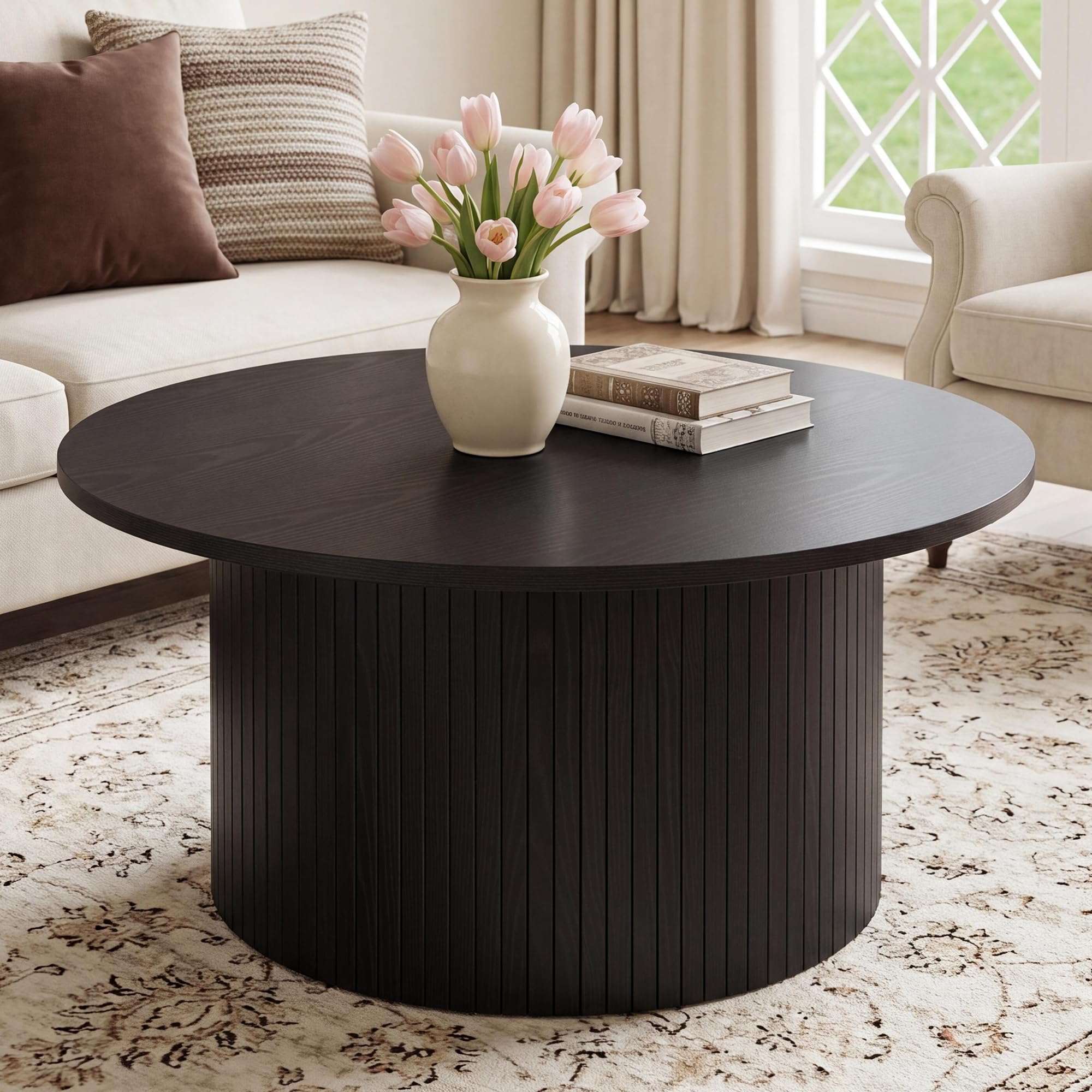 Garvee Modern 31.5 Inch Round Fluted Coffee Table Circle Accent Table ...