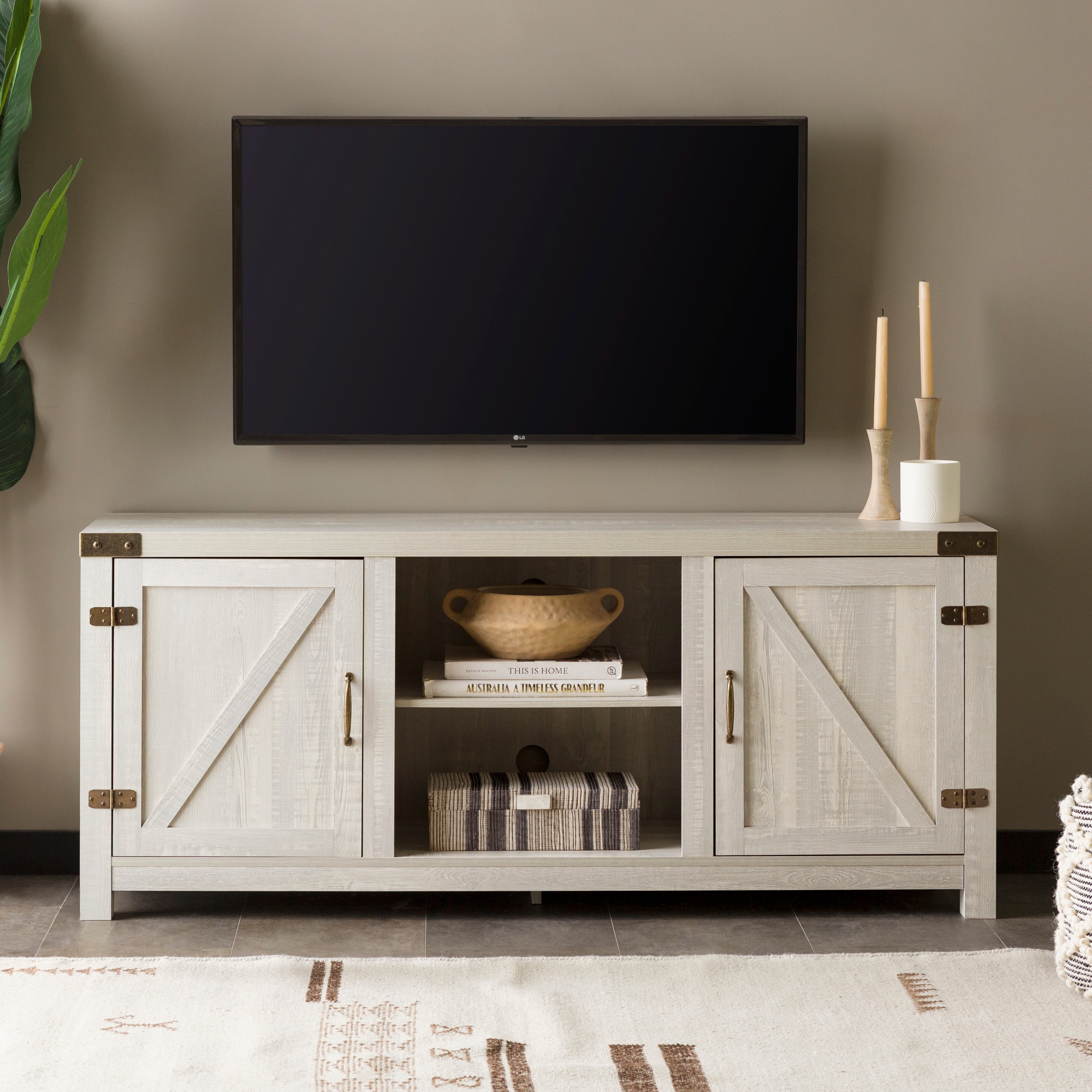 Huluwat 65 Inch Stone Grey Farmhouse Barn Door TV Stand with Metal ...
