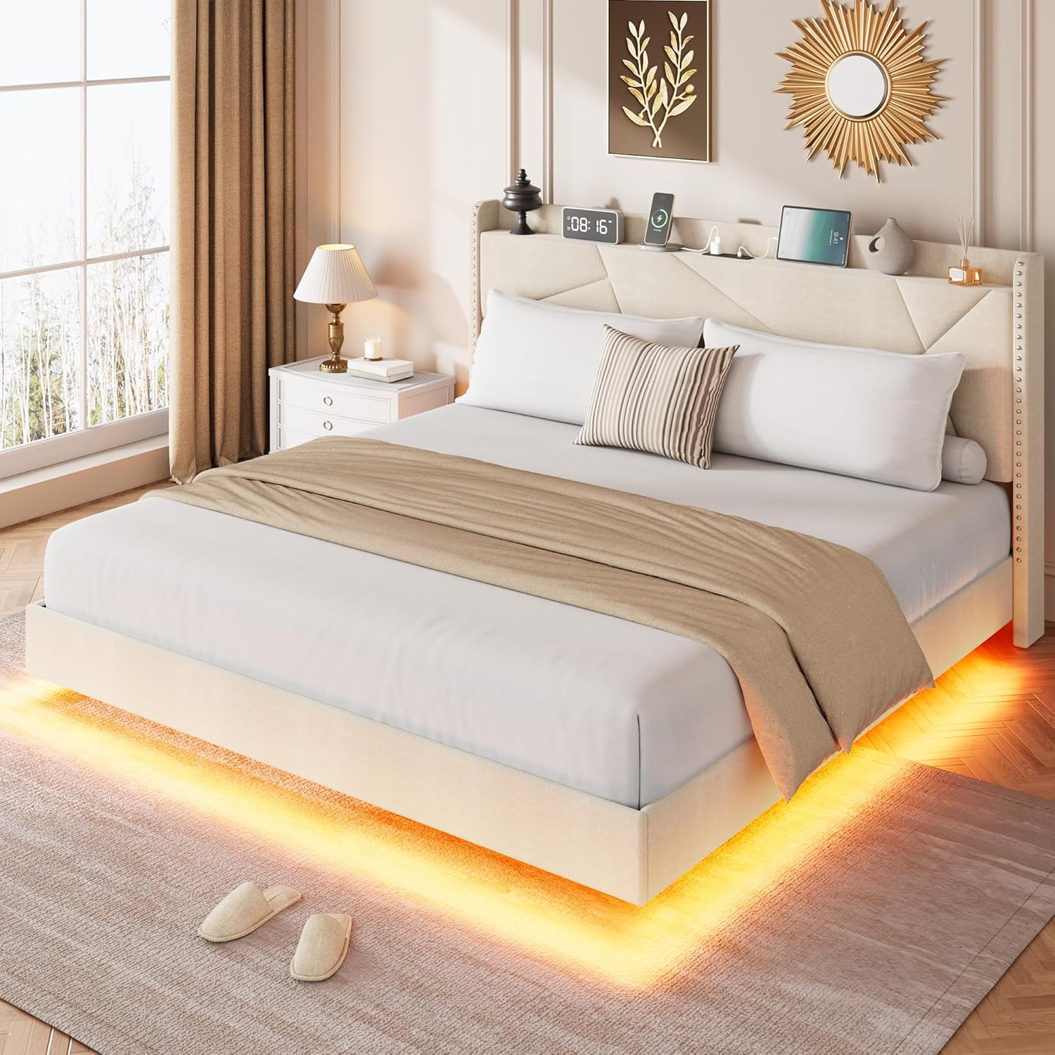 Garvee King Floating Bed Frame with LED Lights Charging Station ...