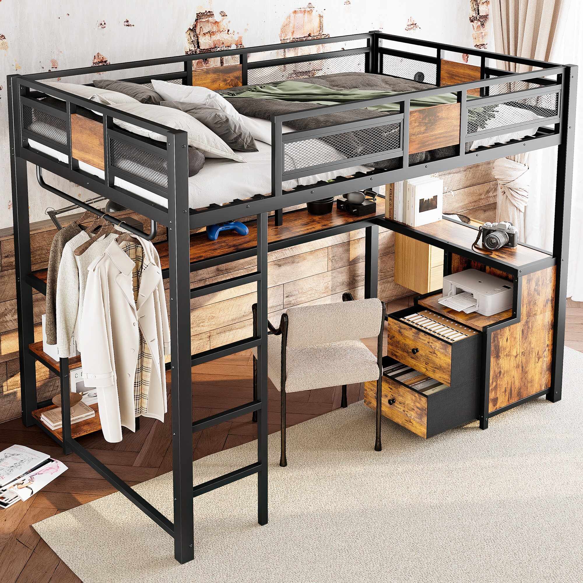 Bellemave Black Full Metal Loft Bed with Integrated Desk Raised Monitor ...