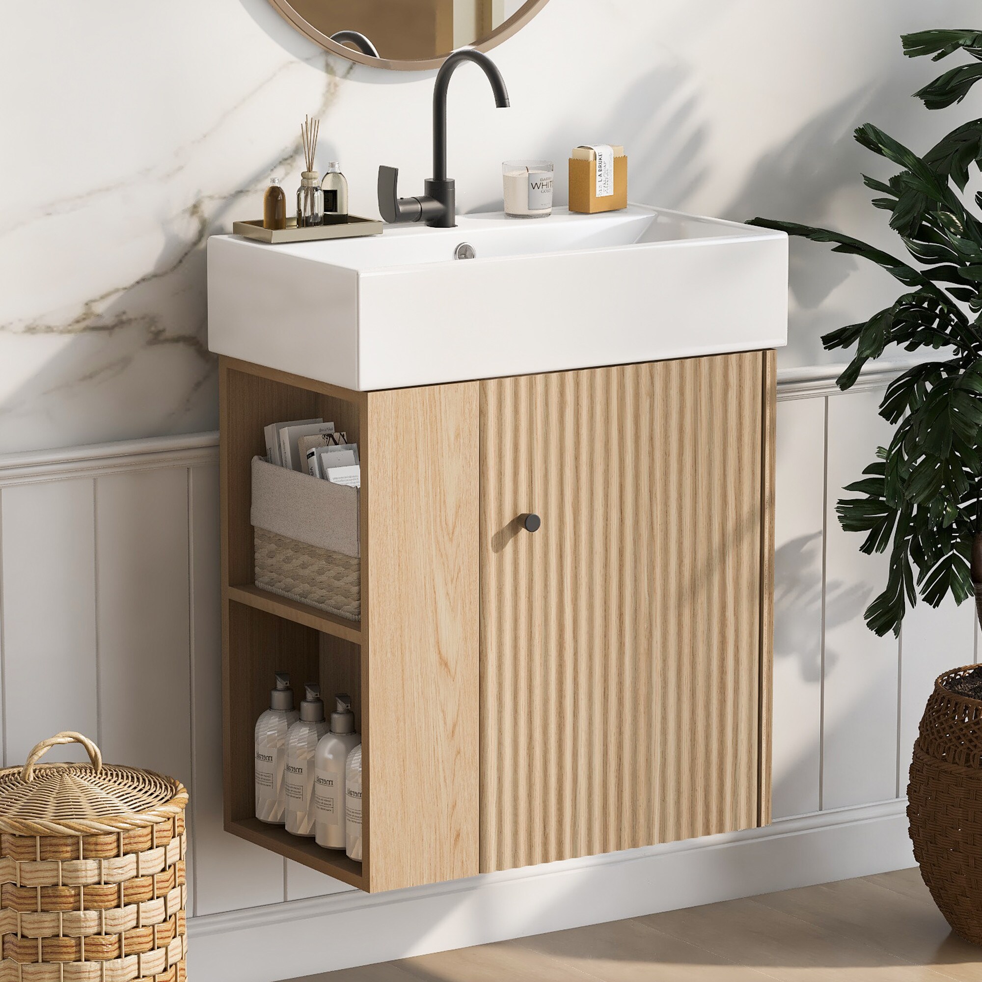 Wooakway 21.6 Inch Modern Floating Bathroom Vanity with Ceramic Basin ...
