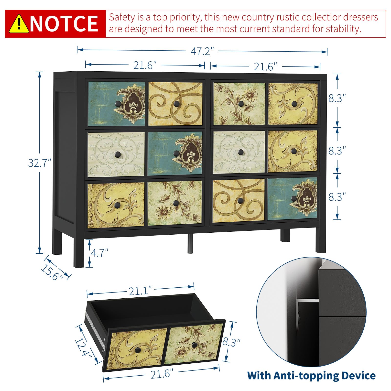 Garvee Wooden Farmhouse 6 Drawer Dresser with Metal Handles Painted ...