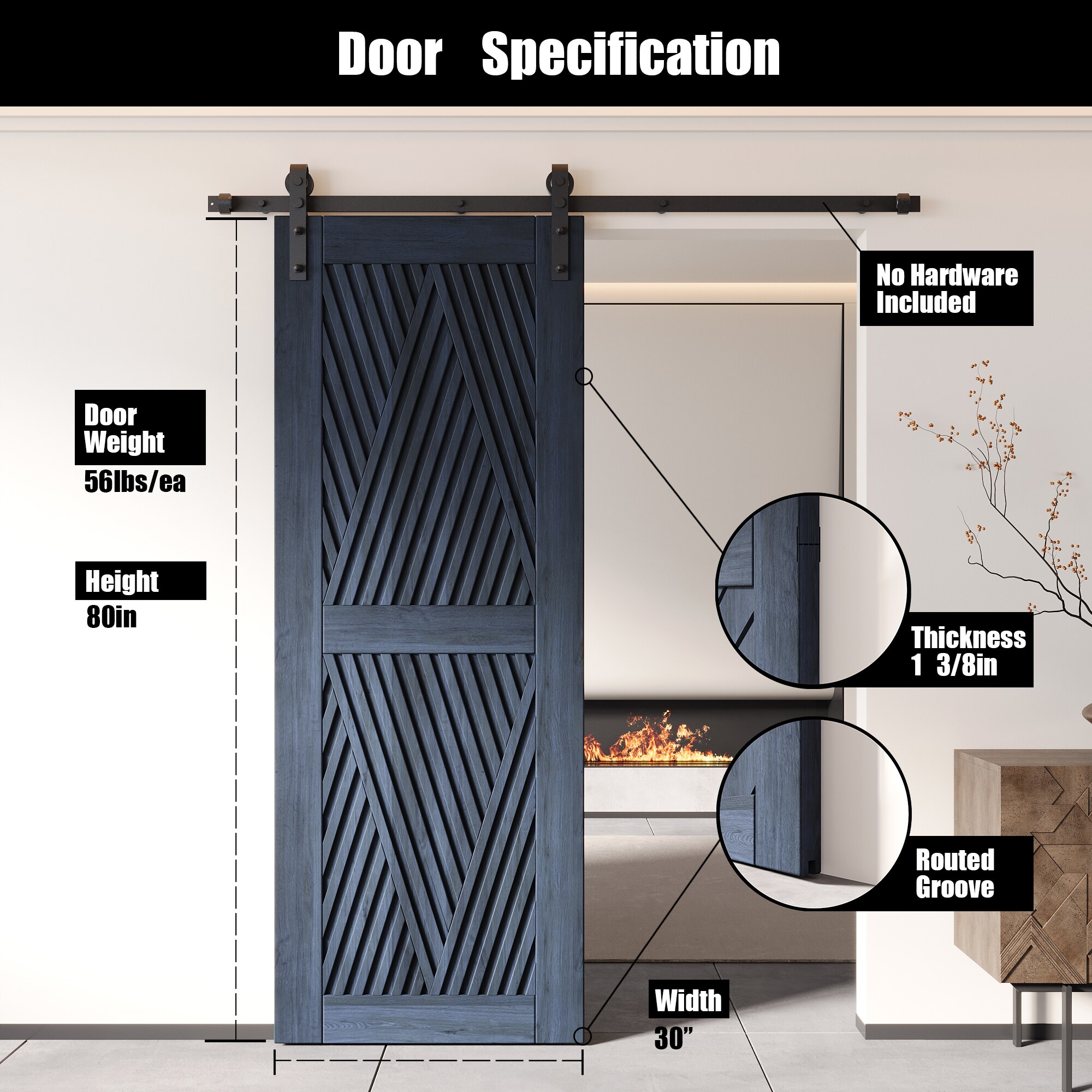 HOMACER 30-in x 80-in Navy Pine Wood Solid core Single Barn Door ...