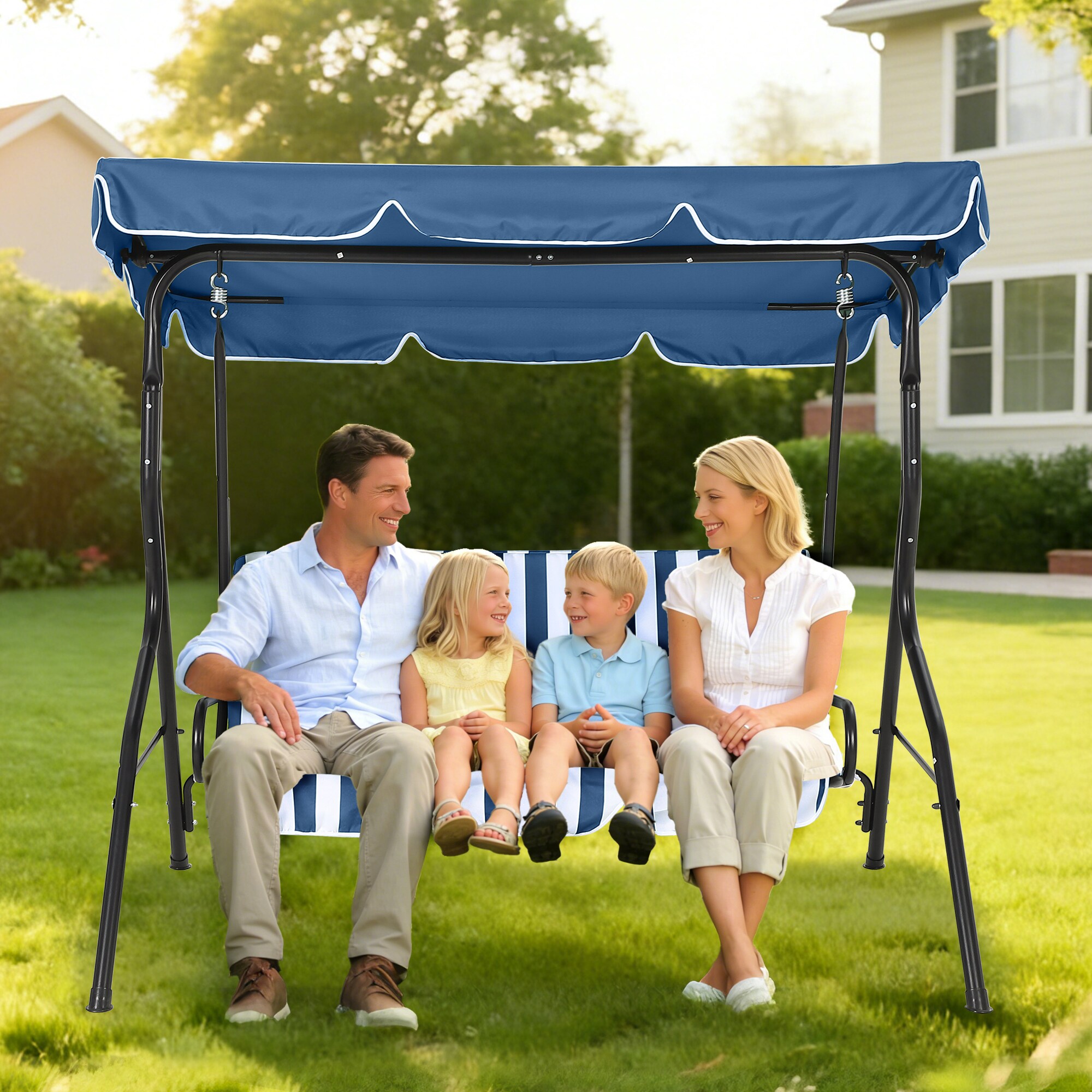 Assile Blue and White Stripes 3 Porch Swing with Stand Waffle Pattern ...