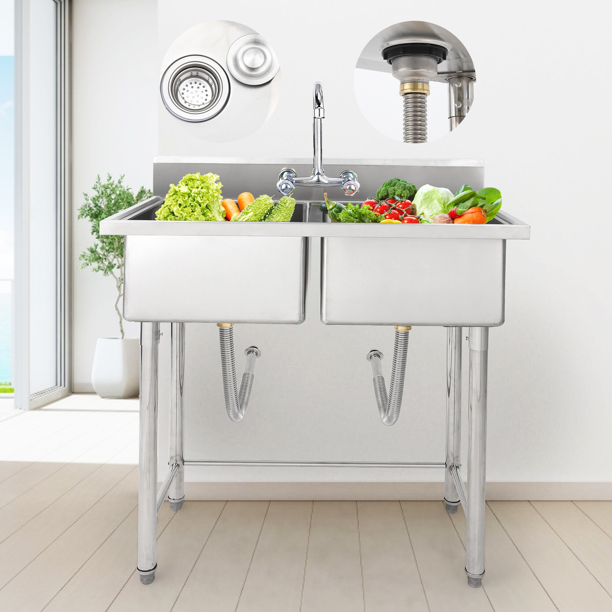 IdealHouse 41x23x45 Inch Commercial Stainless Steel Double Bowl Utility ...