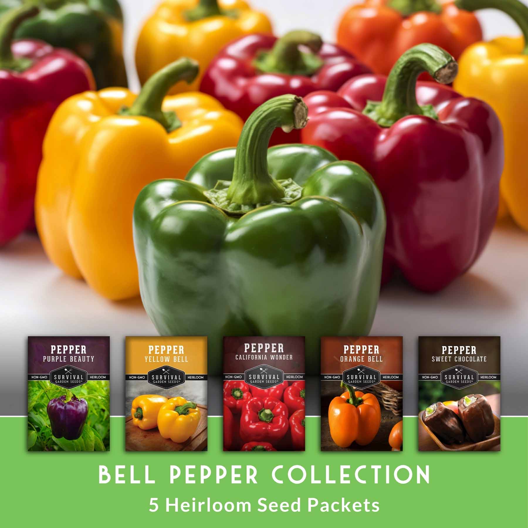 Survival Garden Seeds 5 Variety Heirloom Bell Pepper Seed Collection in ...