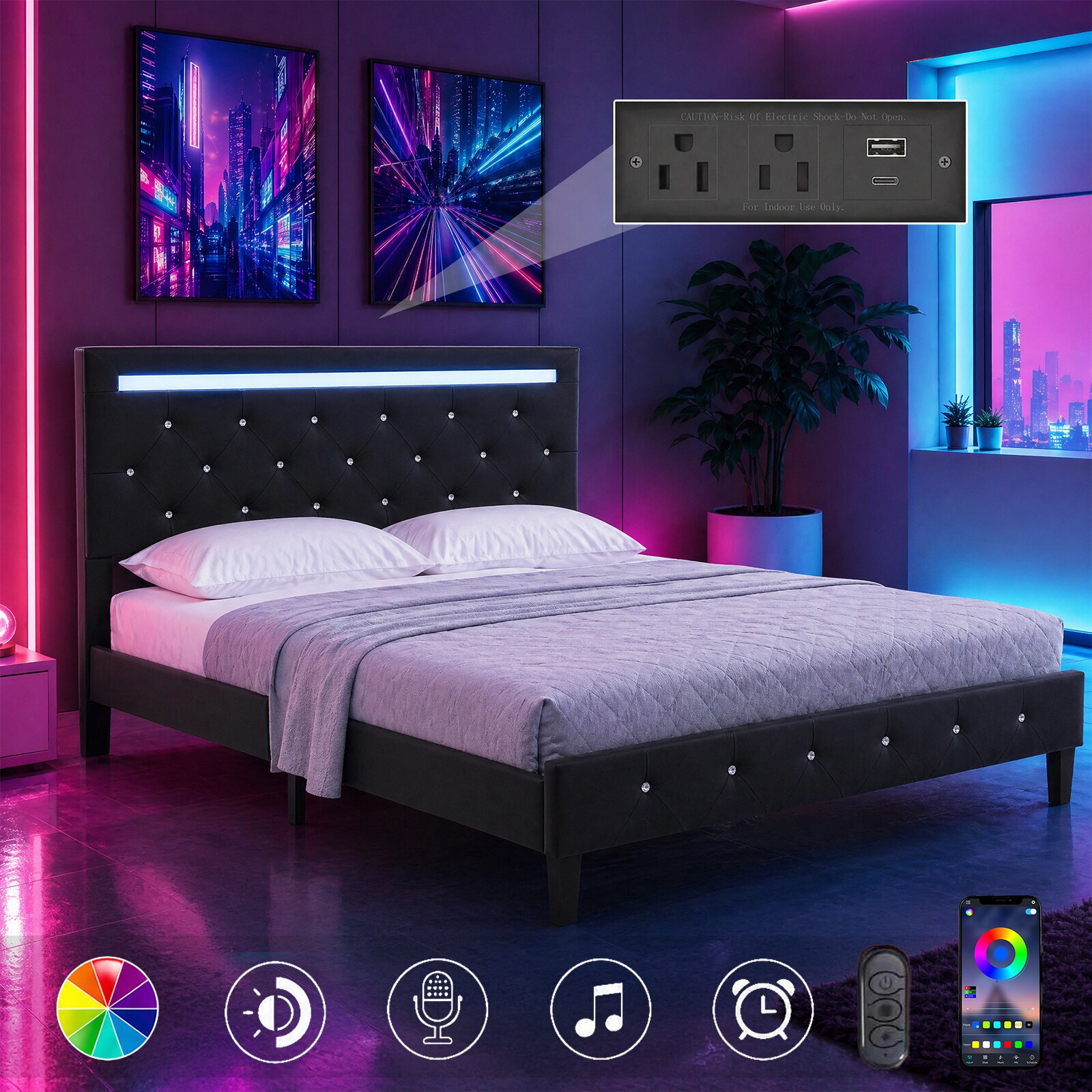 LUXEYARD Queen Size Upholstered Bed Frame with LED Lights and Charging ...