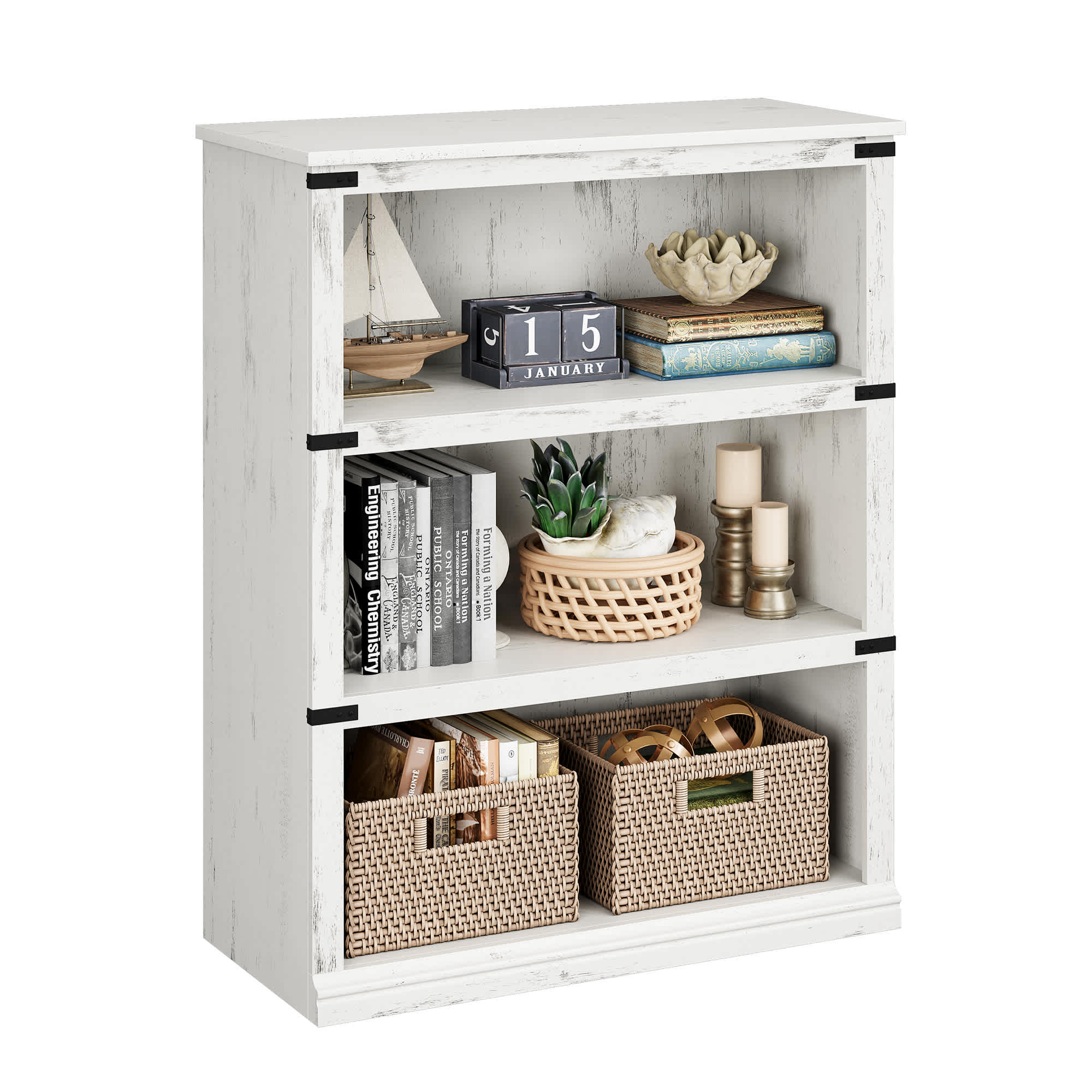 Qeetex White 40 Inch Tall Farmhouse Wooden Bookcase with 3 Tier Storage ...