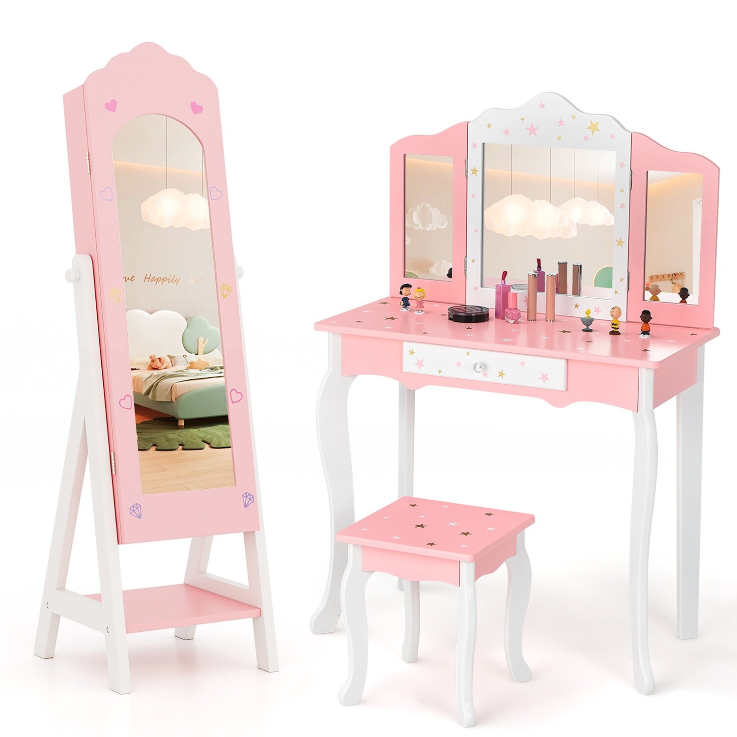 Costway Kids Vanity Set Princess Makeup Dressing Table and Chair Set ...