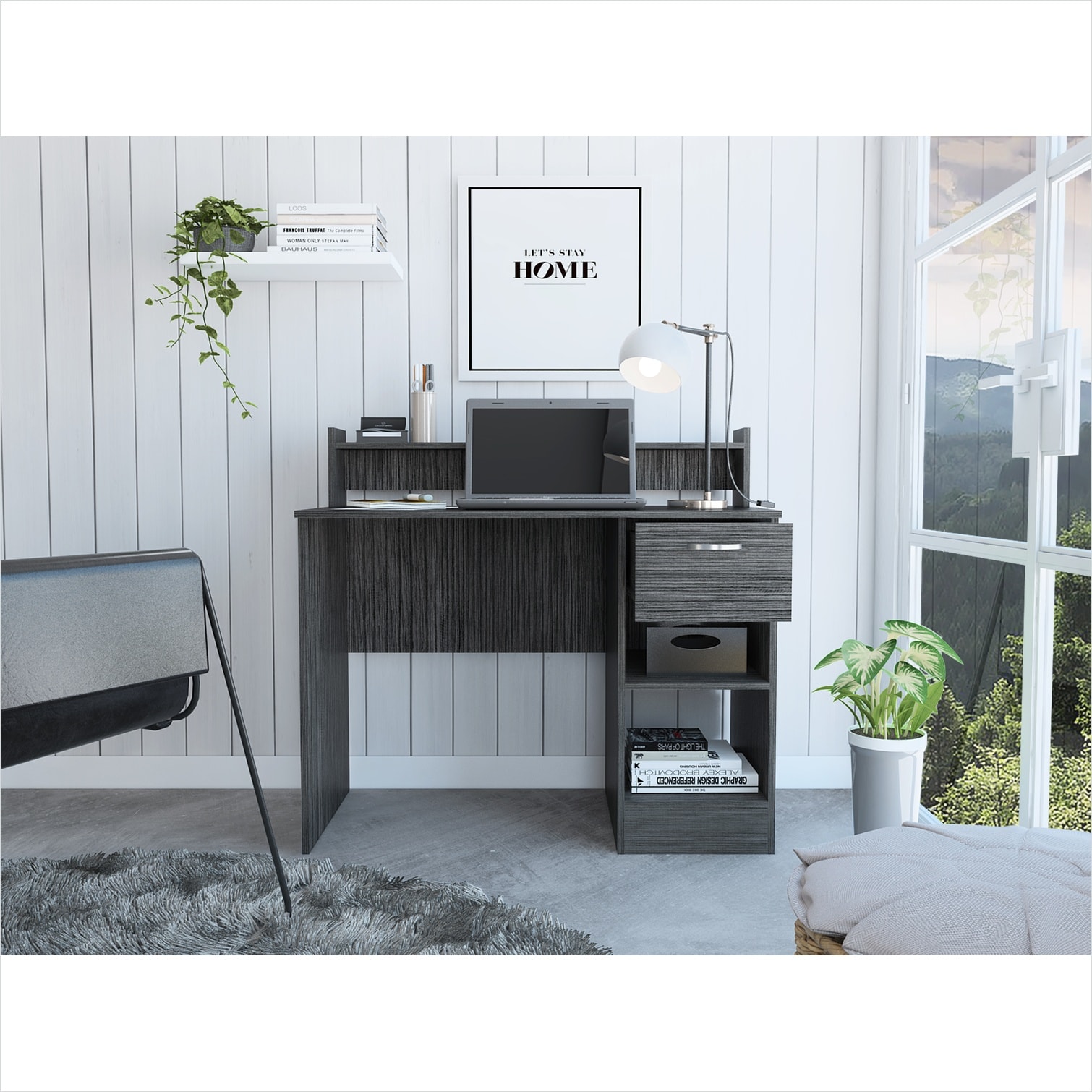 Naturefalls Computer Desk with Storage Shelves and Drawer in Smoke ...