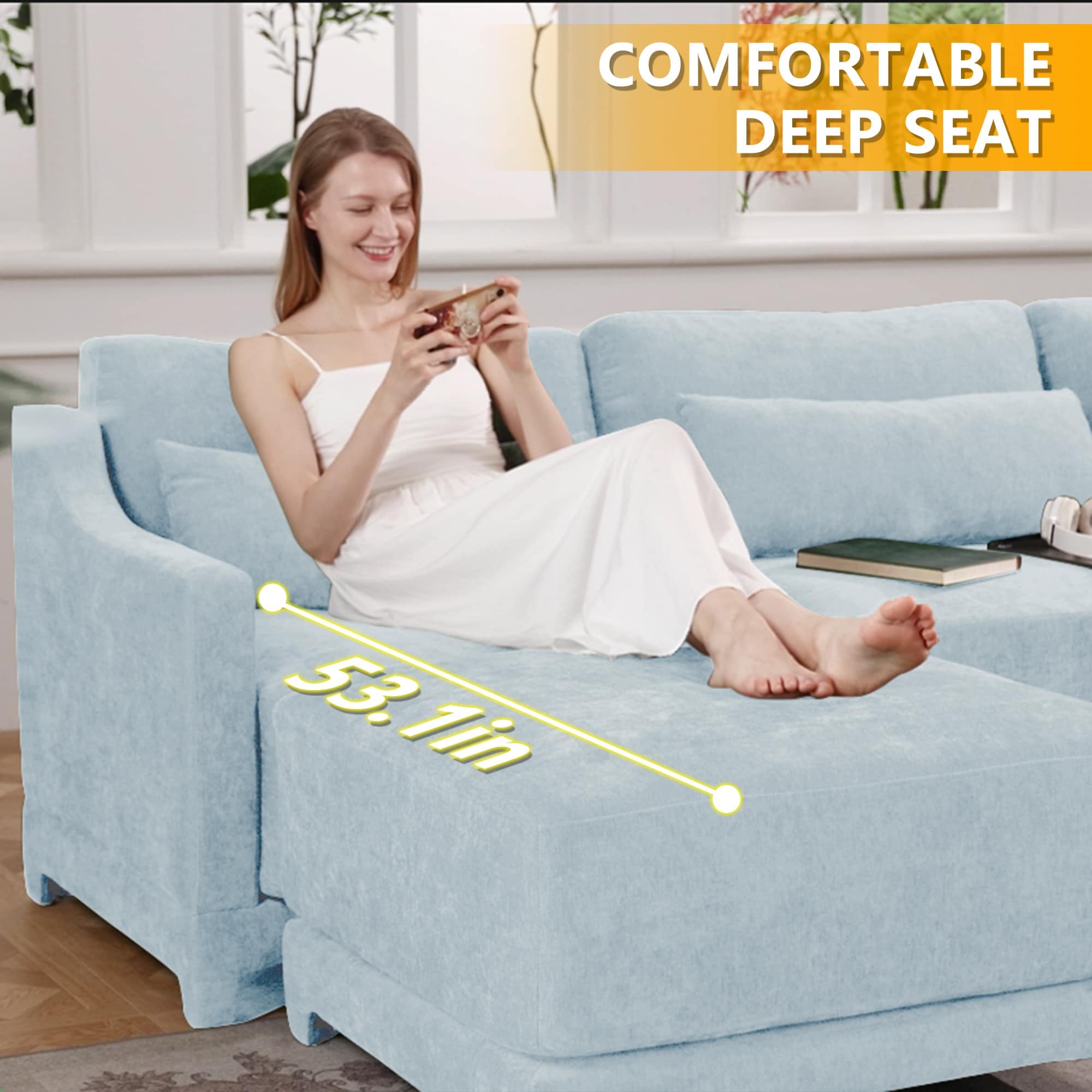 Misty Moon Four - seater sofa 1 movable ottoman lumbar pillowChenille ...
