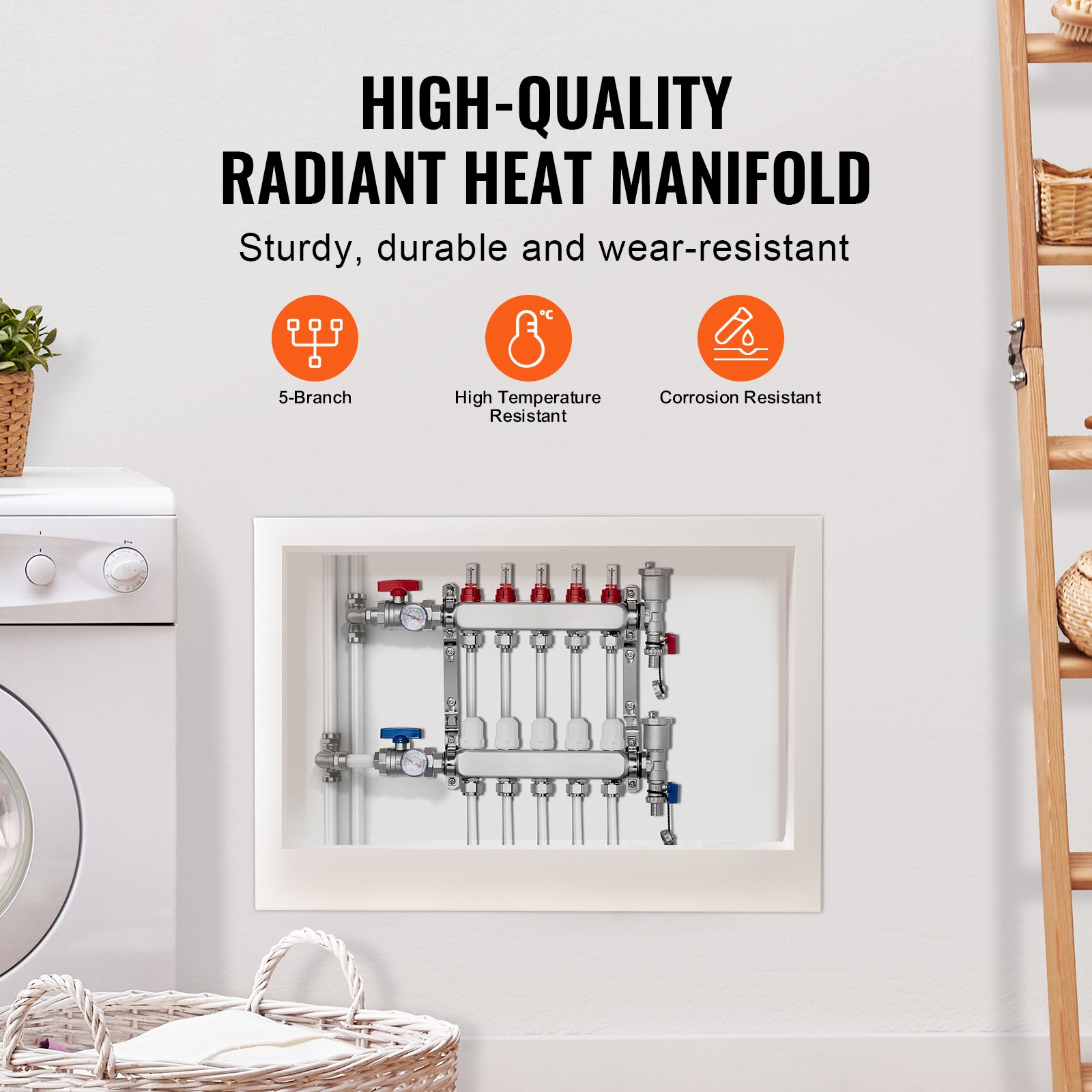VEVOR 5-Branch Radiant Heat Manifold 1/2in PEX Tubing Manifold ...