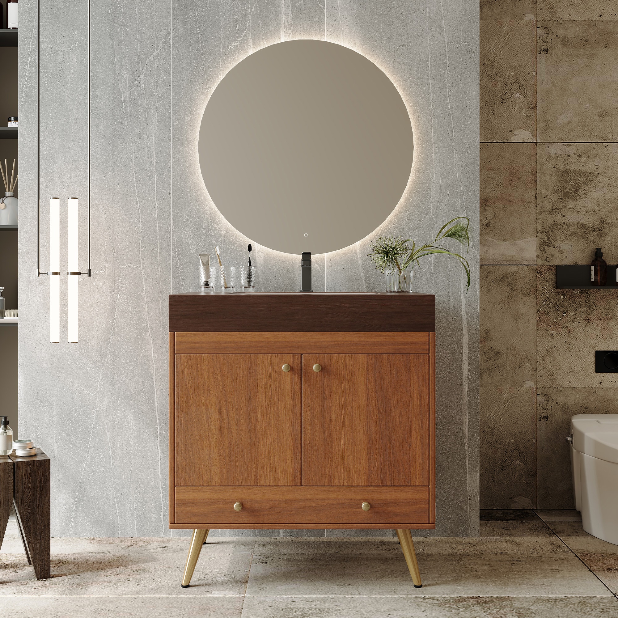 Vanityfus Mid-Century Free-standing Bathroom Vanity with Faux Marble ...