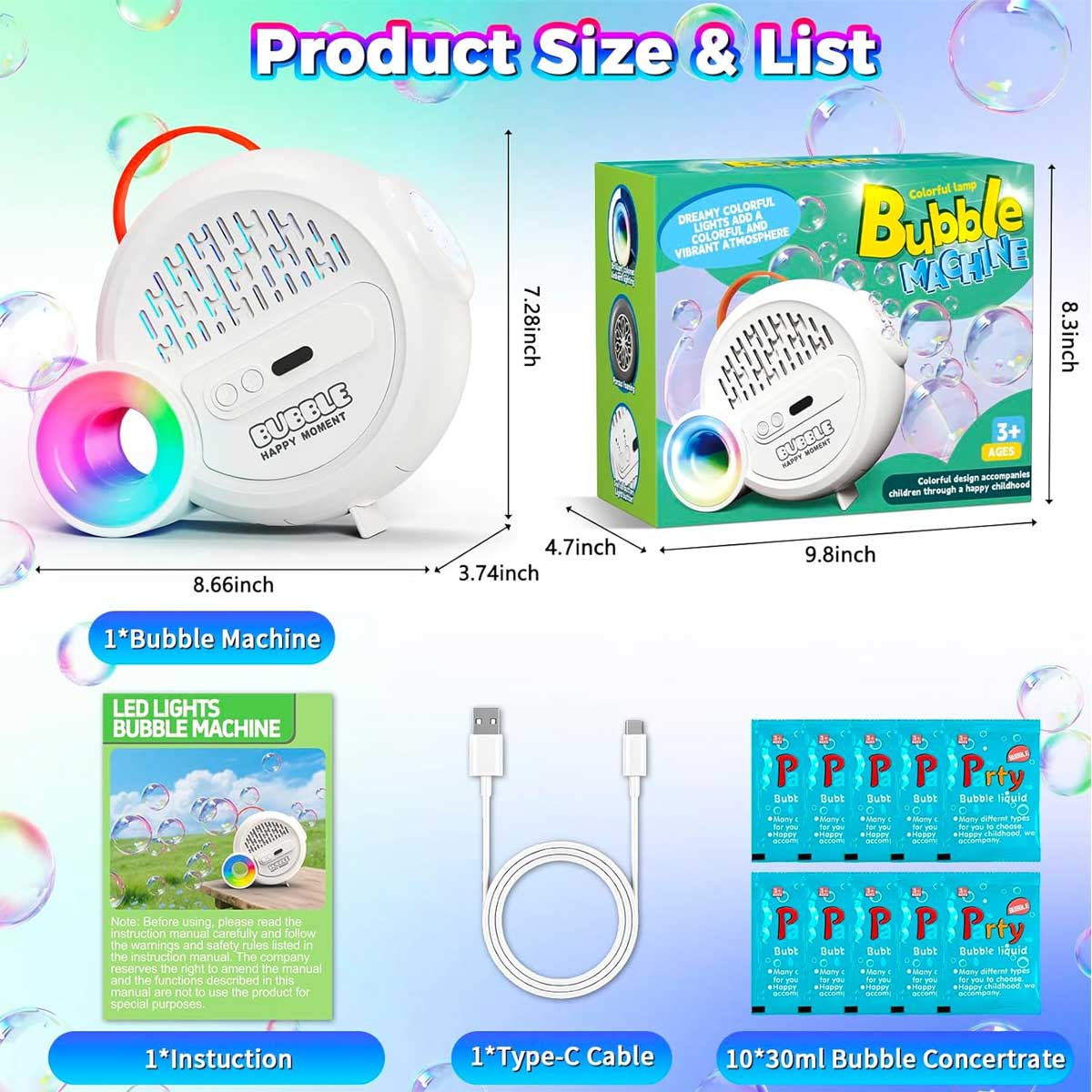 Aoibox Rechargeable Bubble Machine with RGB LED 16 Million Colors 20000 ...