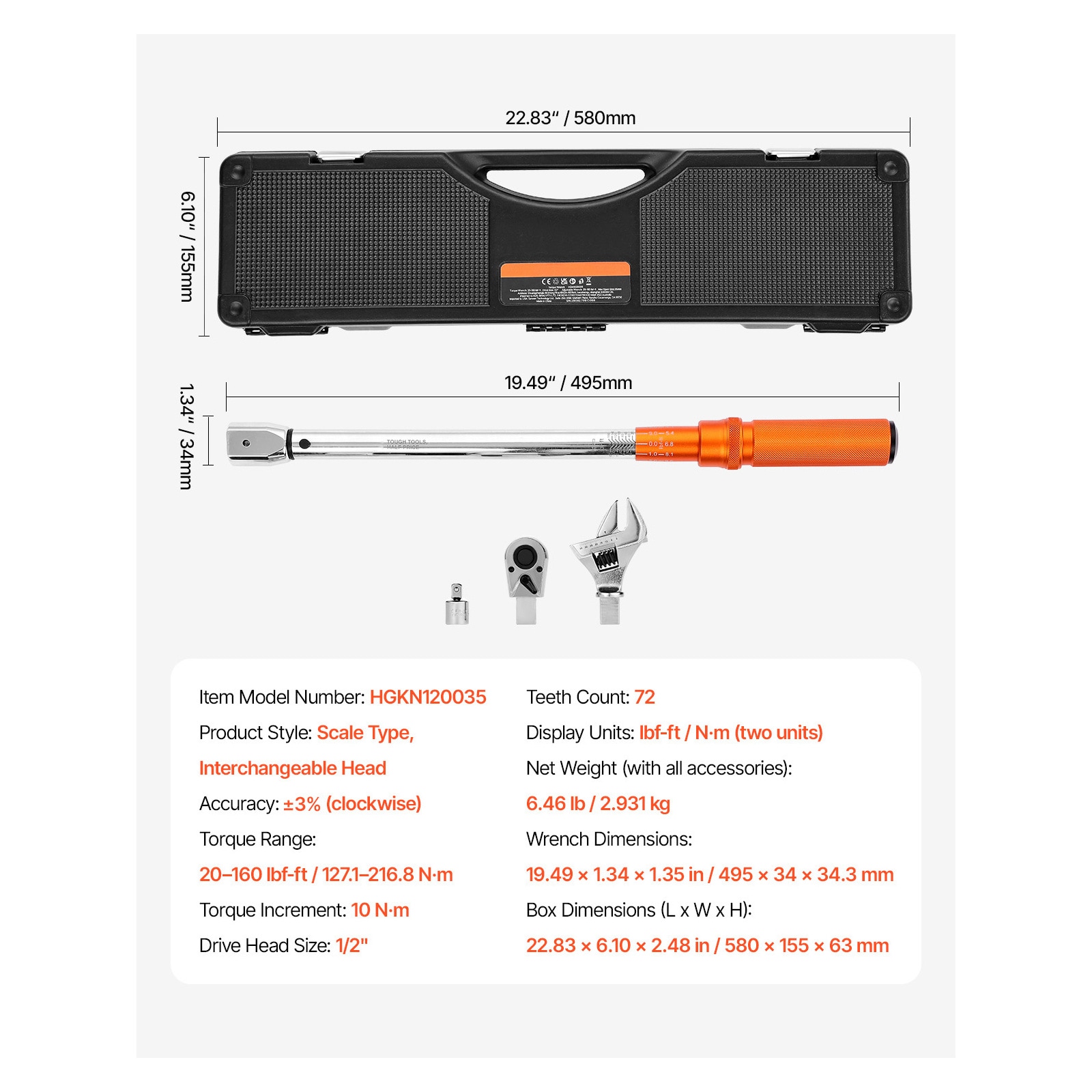 Mecale 1/2-in Drive Click Torque Wrench 20-160 ft-lb Dual-Direction ...