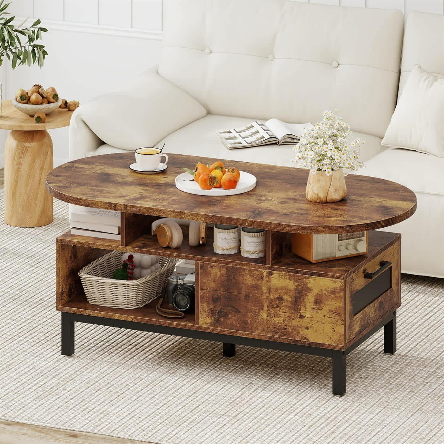VERYKE 47 inch Oval Coffee Table Combined Storage and Open Compartments ...