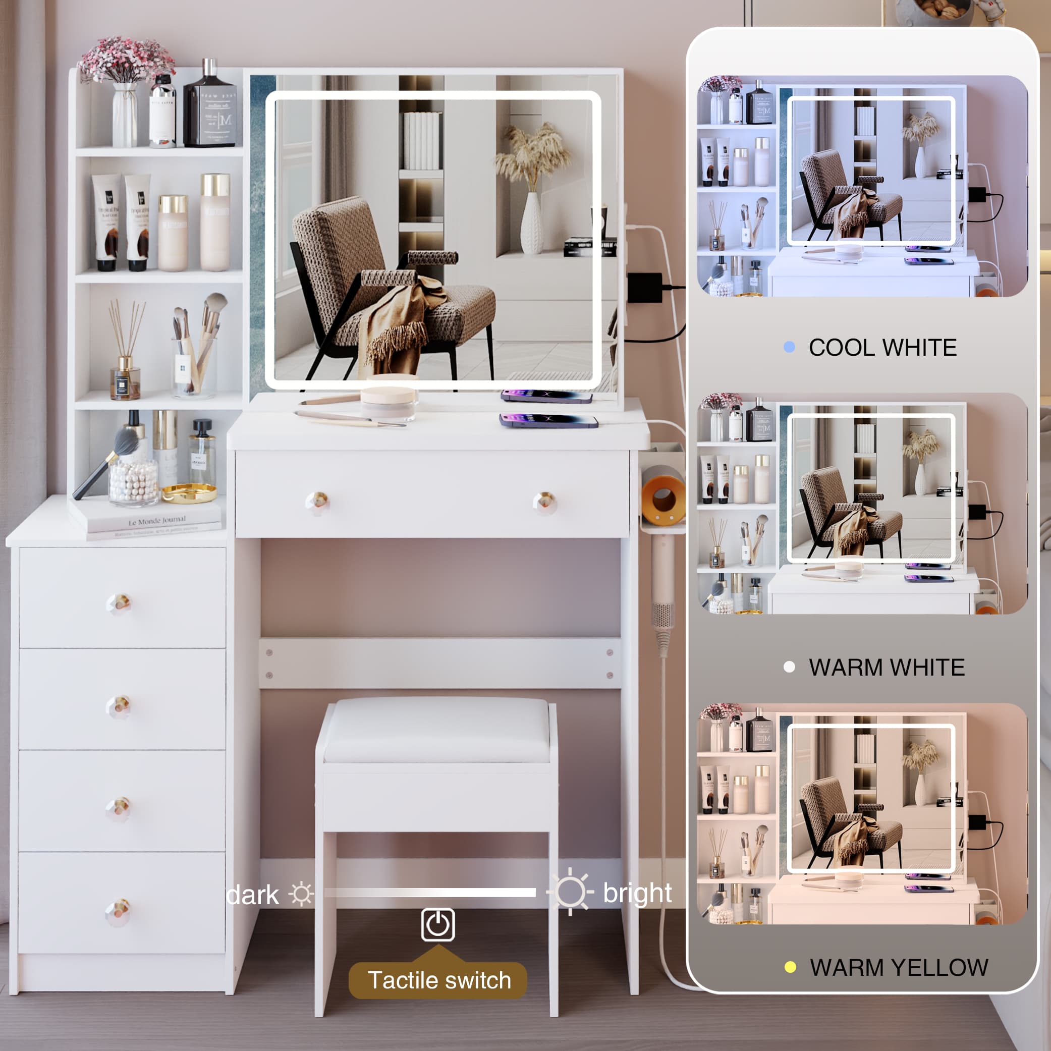 Vynxaria 2-Piece White Vanity Set with Sliding Mirror 3-Color Light ...