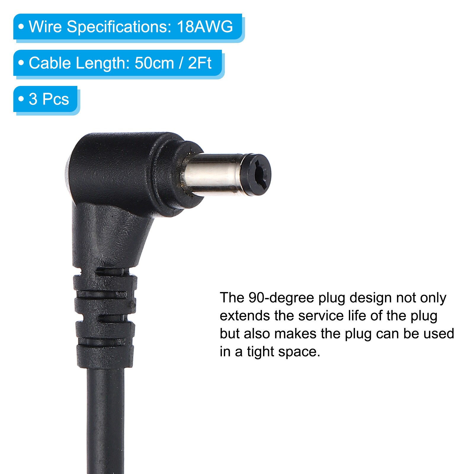 PATIKIL 2Ft 5.5 x 2.1mm Male to Male DC Power Cable 3Pcs 18AWG Wire ...