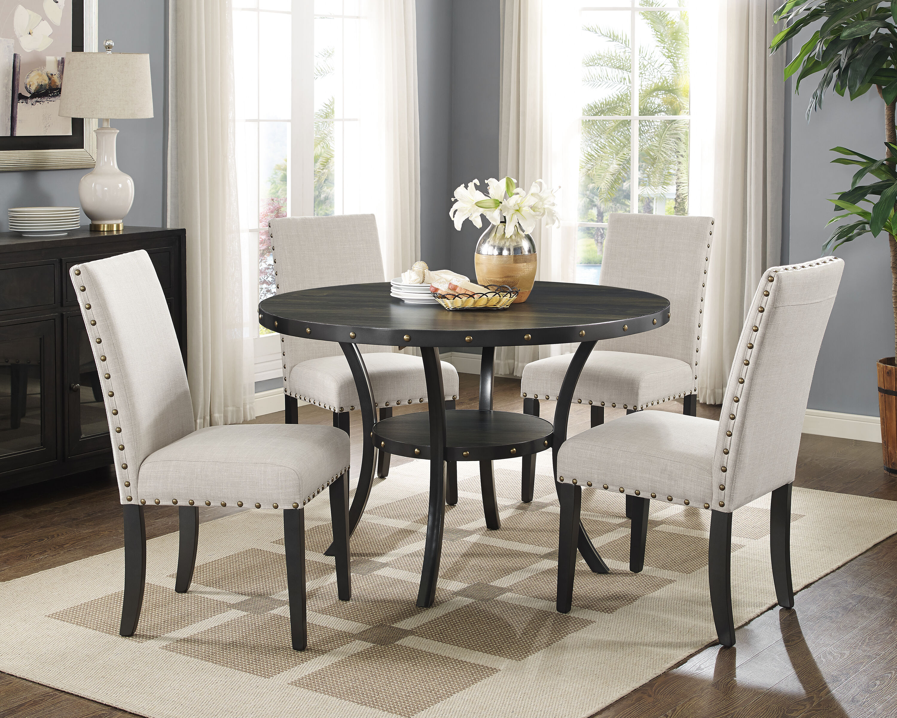 LOVMOR Biony Espresso Wood Dining Set with Tan Fabric Nailhead Chairs ...