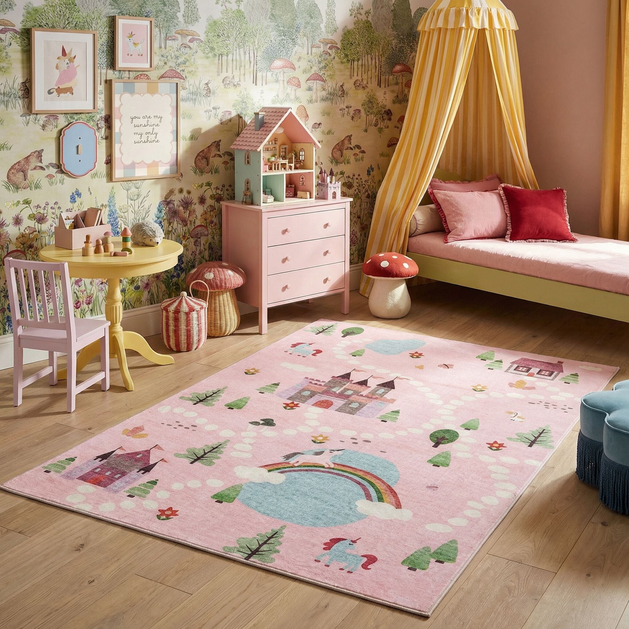 Rug Branch Everly 8' x 11' Scandinavian Pink and White Unicorn Castle ...