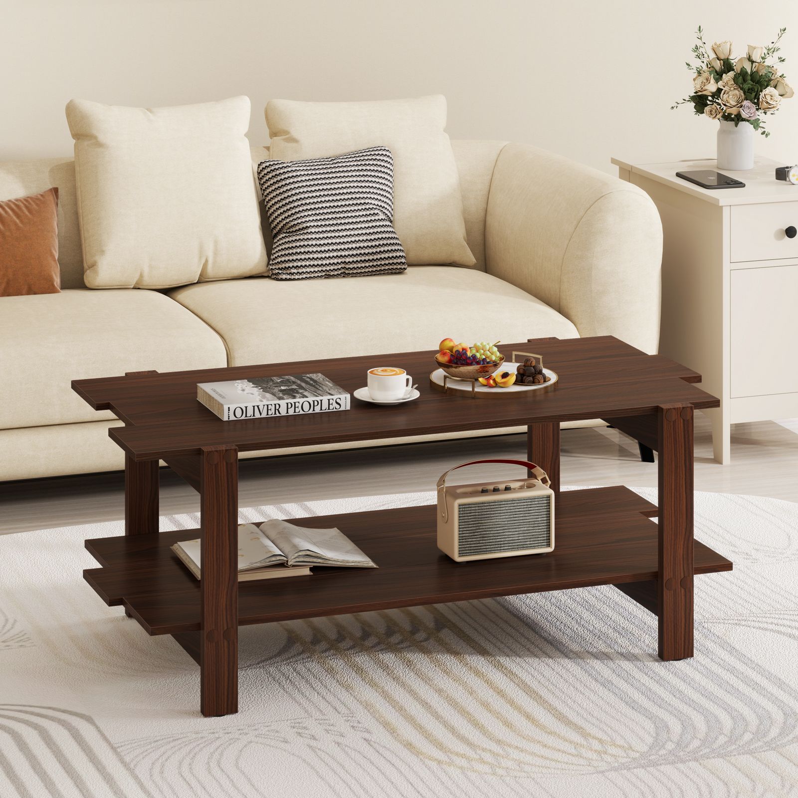 Slickblue 2-Tier Rectangular Coffee Table with Wide Tabletop Open Lower ...