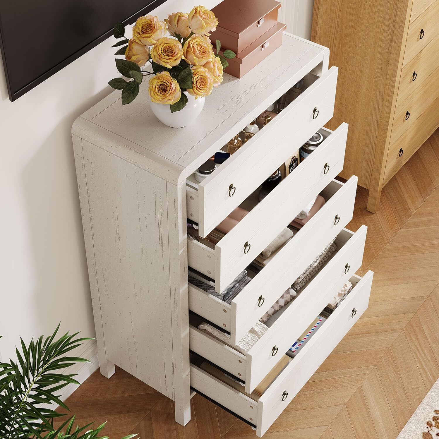 Garvee 5-Drawer Dresser Oak Finish Tall Storage Chest Drawer Chest ...