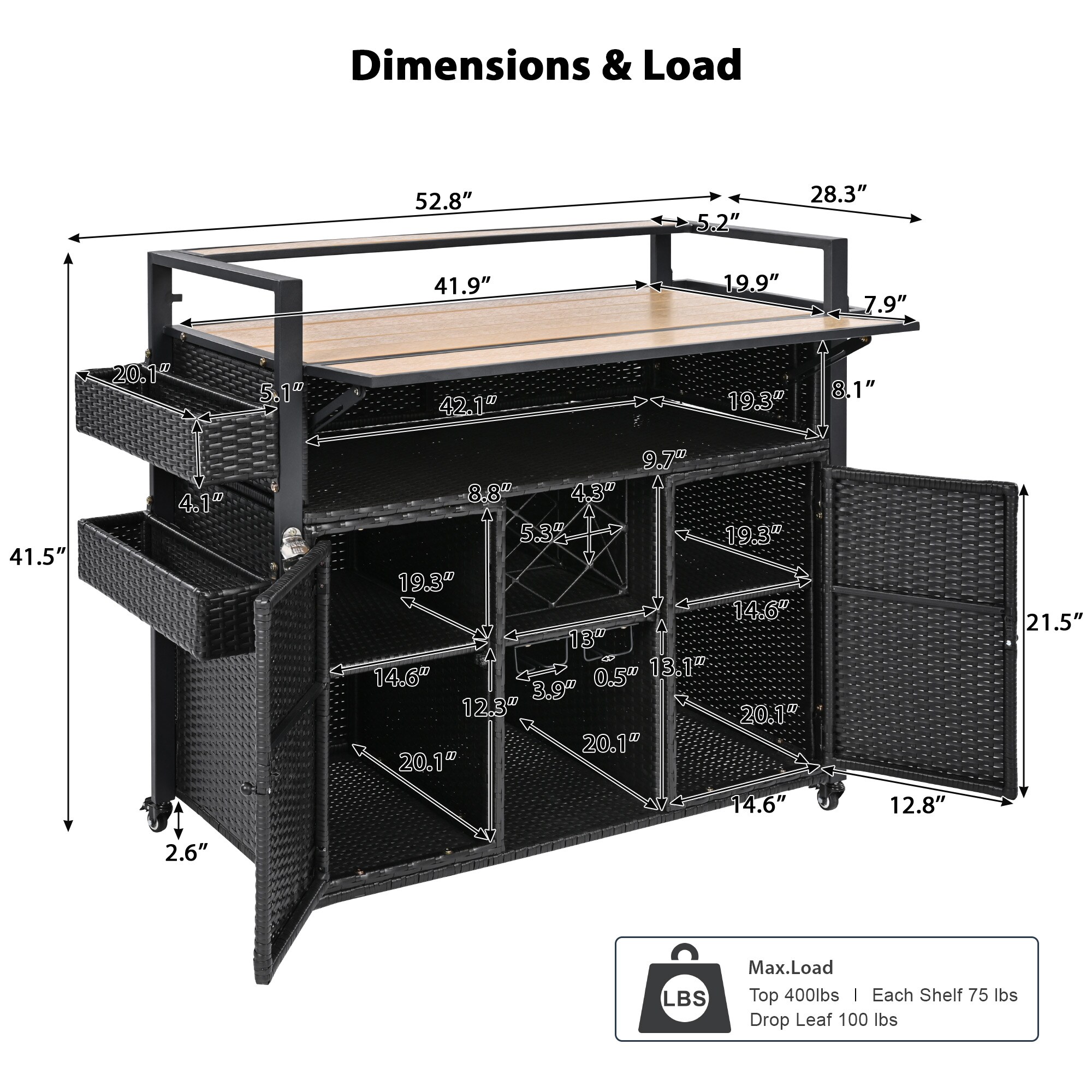 Wooakway 53in Mobile Carts Wicker Outdoor Rolling Grill Cart with ...