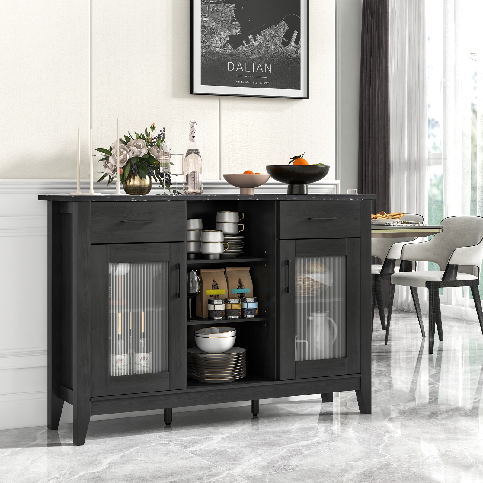 Fenbeli Modern Buffet Sideboard with Faux Marble Top Adjustable Shelves ...