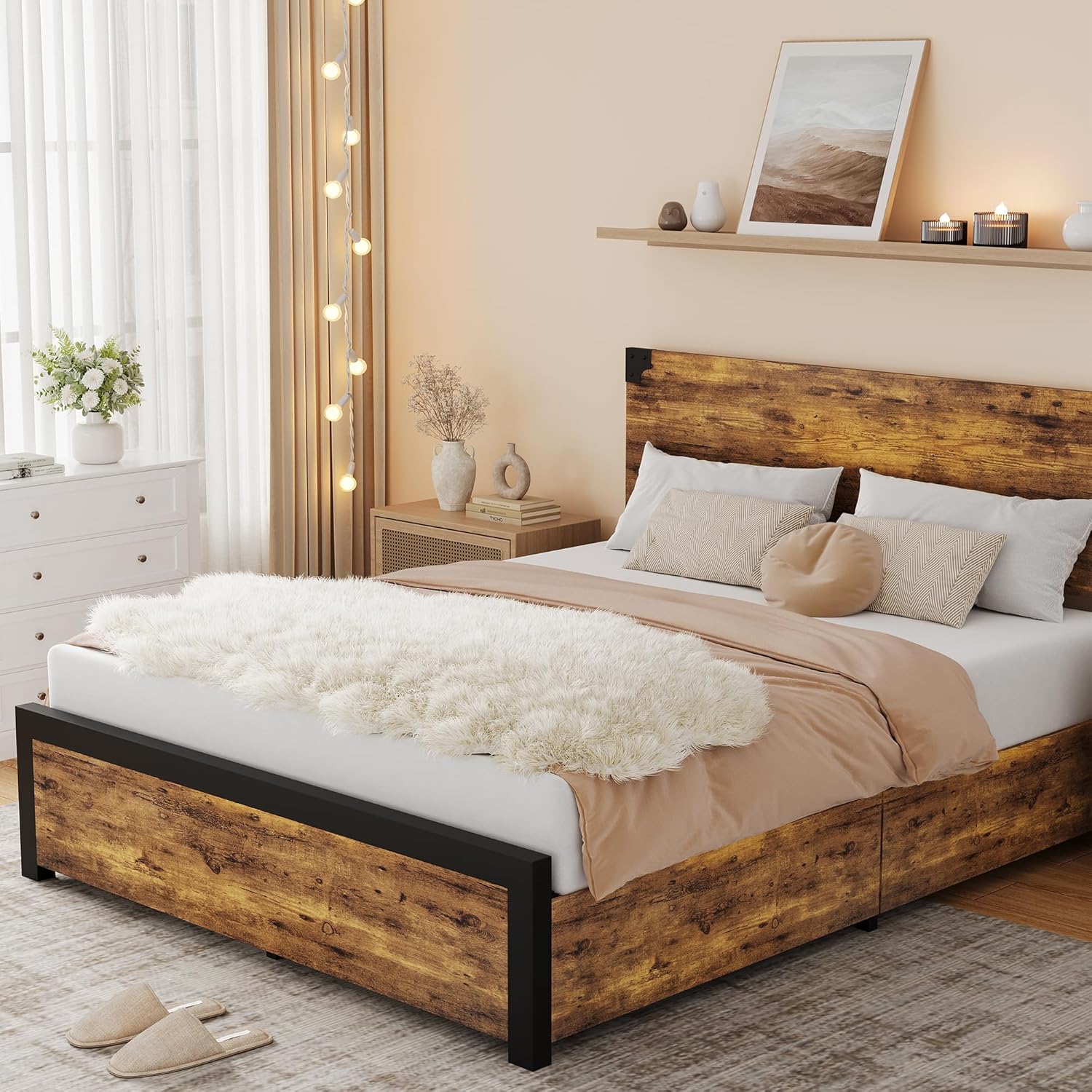 Garvee Full Size Rustic Vintage Brown Heavy Duty Metal Platform Bed ...