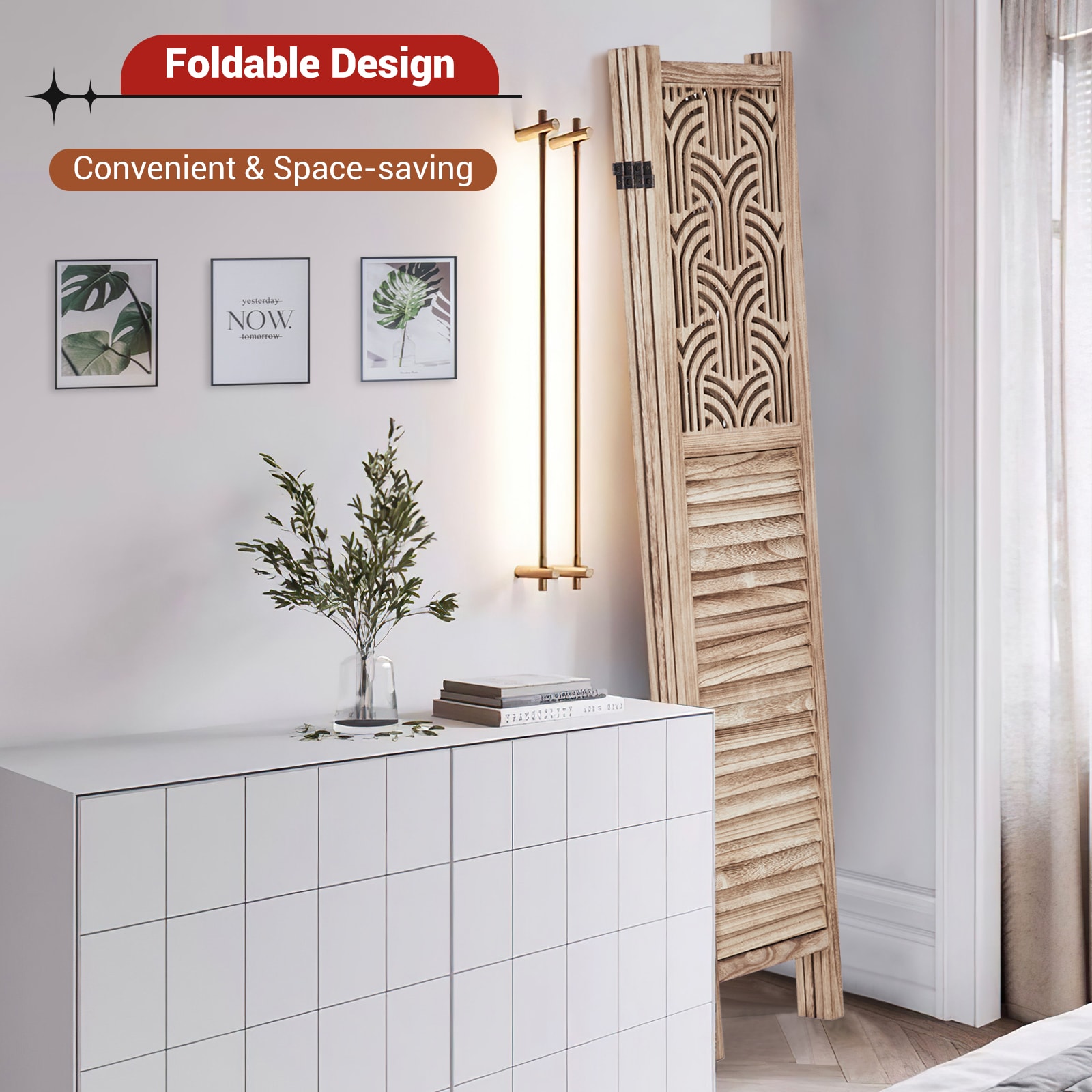 GarveeLife Bamboo 4-Panel Room Divider Screen/Brown Charred Wood Carved ...