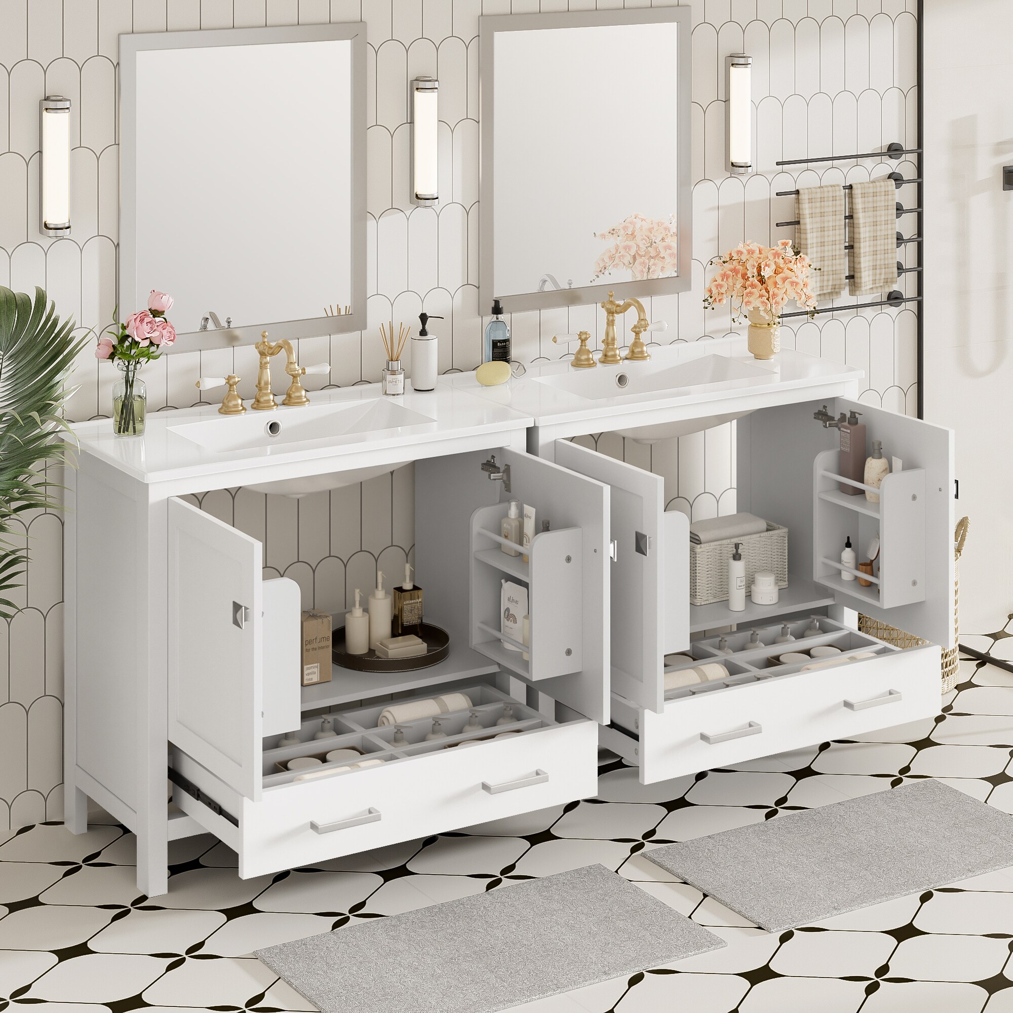 Tatayosi 72inches White Bathroom Vanity with Ceramic Sink Soft-Close ...