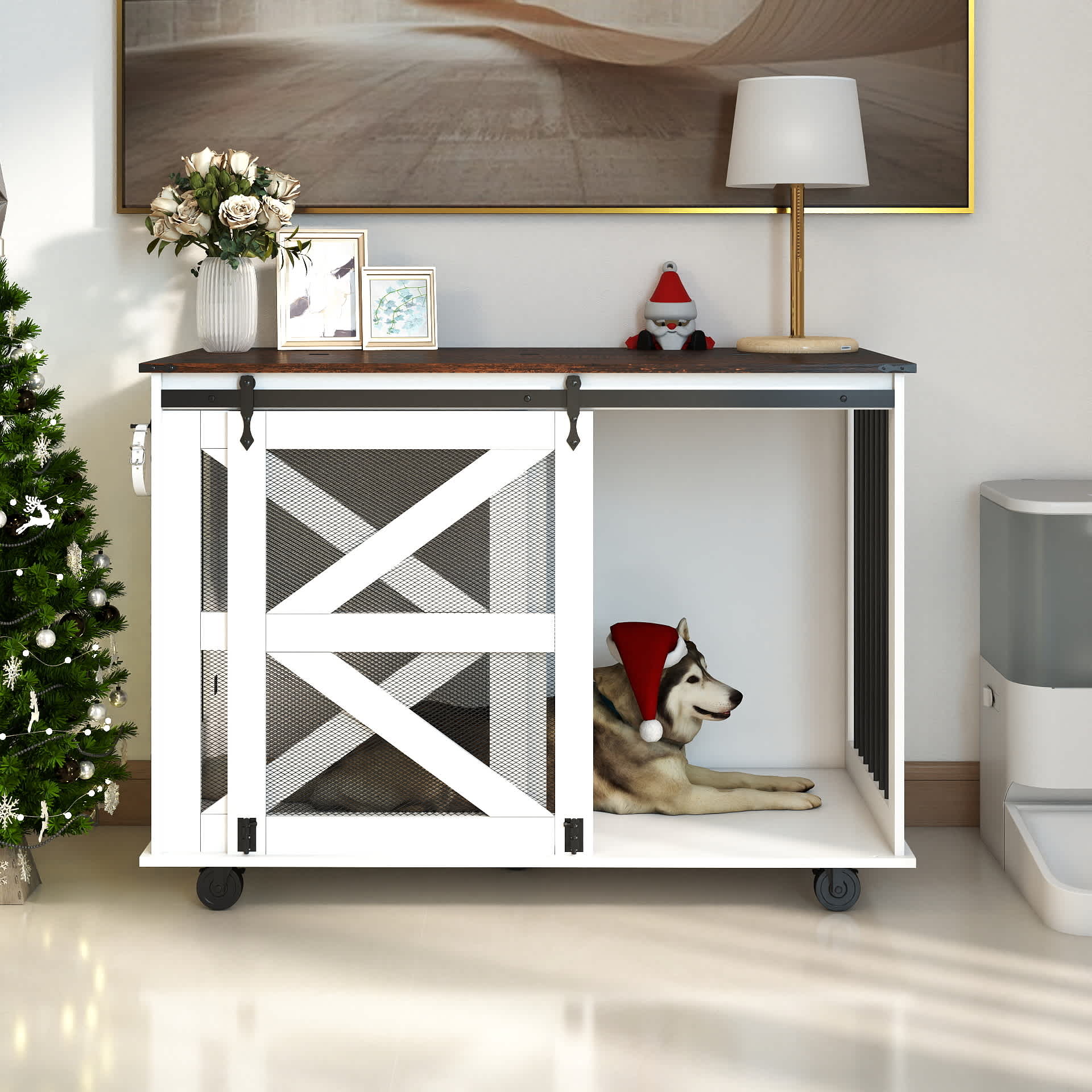 Vynxaria 47 in Brown White Rectangular Engineered Wood Pet Console ...