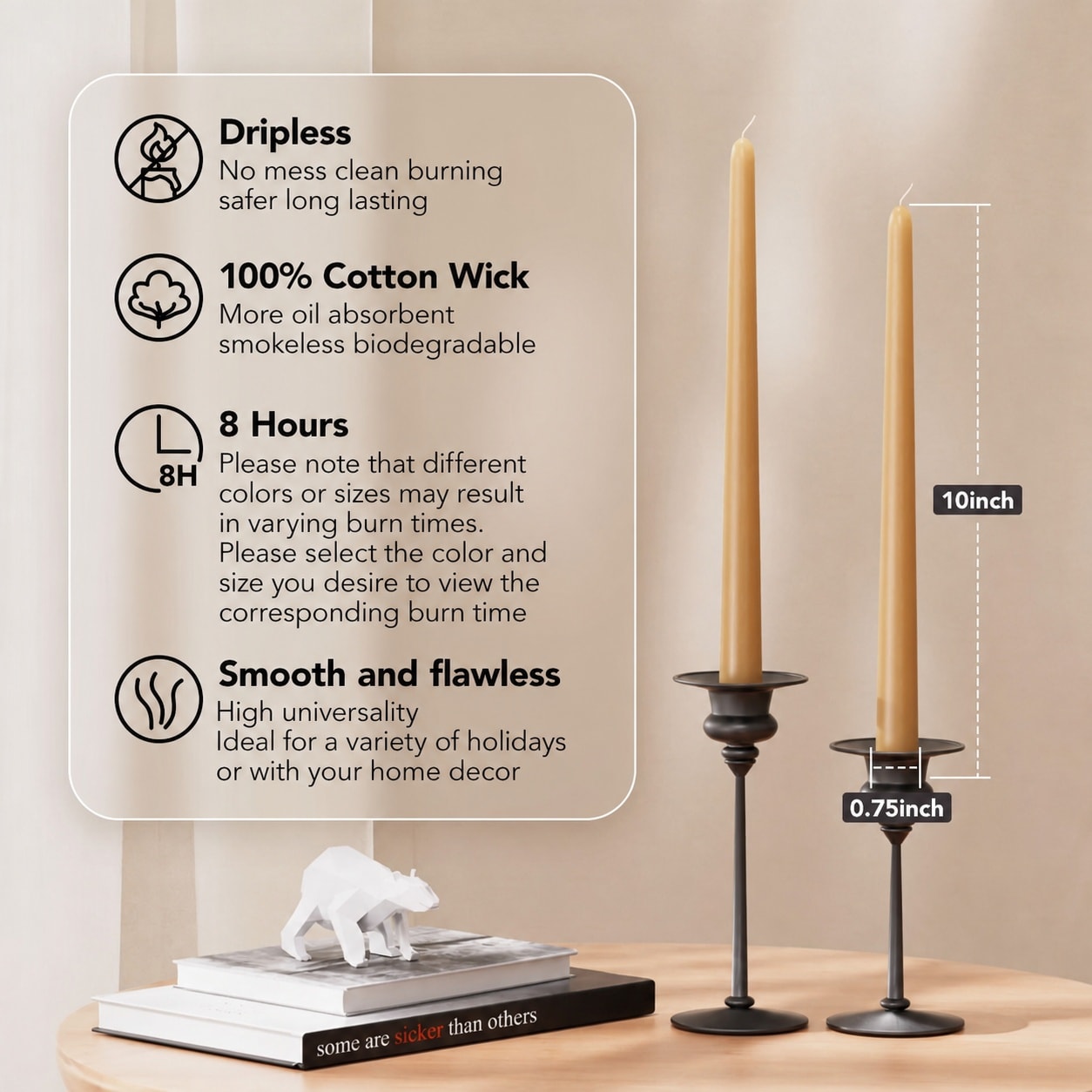 Phewnyzo 10 Inch Dripless Taper Candles Set of 4 Beige Unscented ...